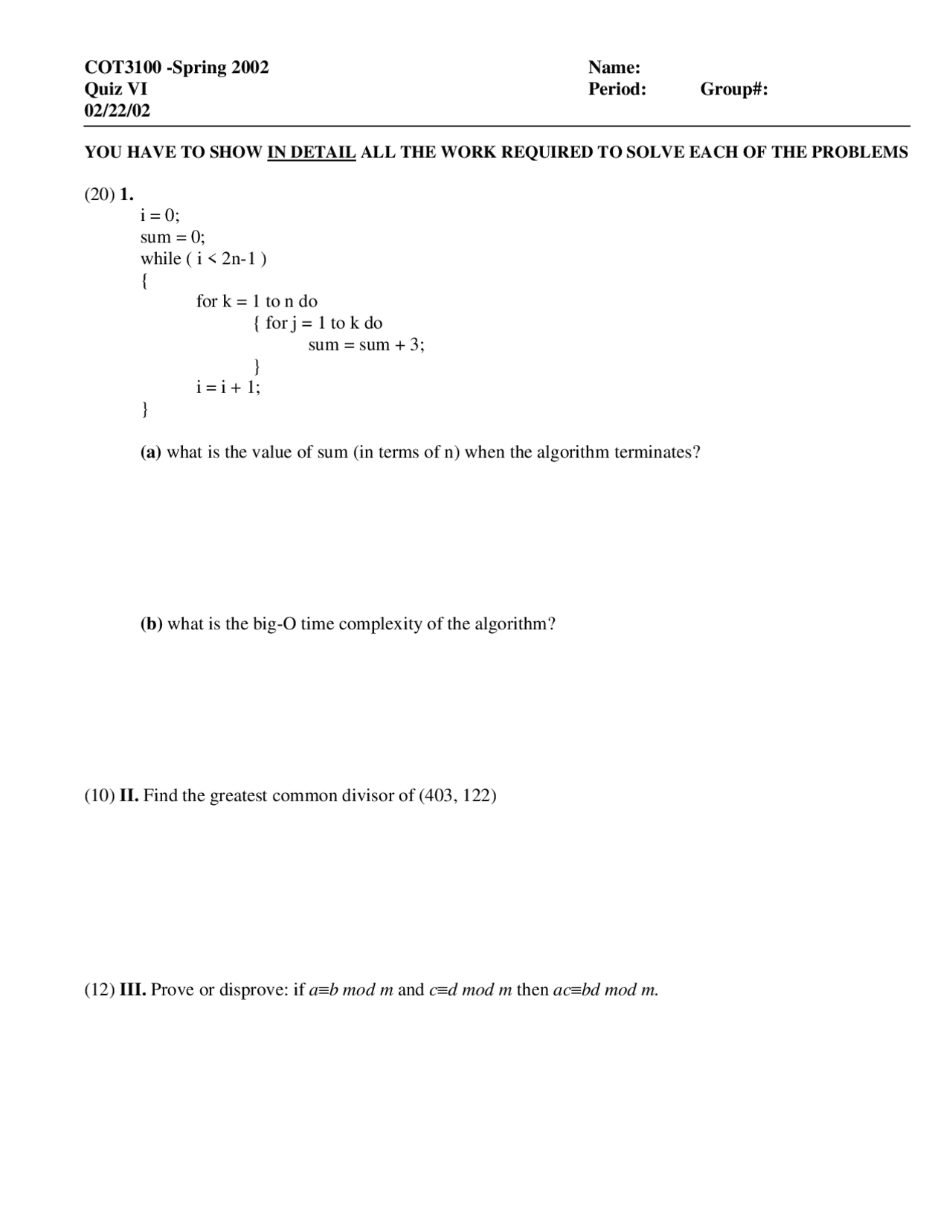 3 Solved Problems on Algorithms of Applied Discrete Structure - Quiz 6 | COT 3100 - Docsity