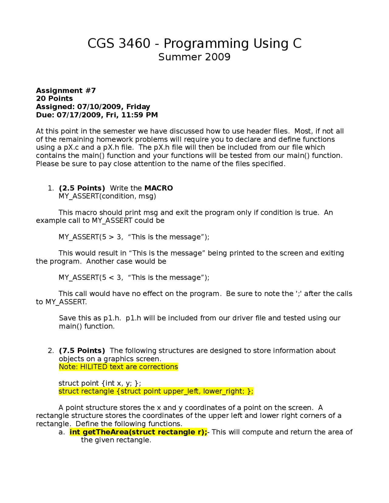 Assignment 7 For Programming Using C Cgs 3460 Assignments Computer 4281
