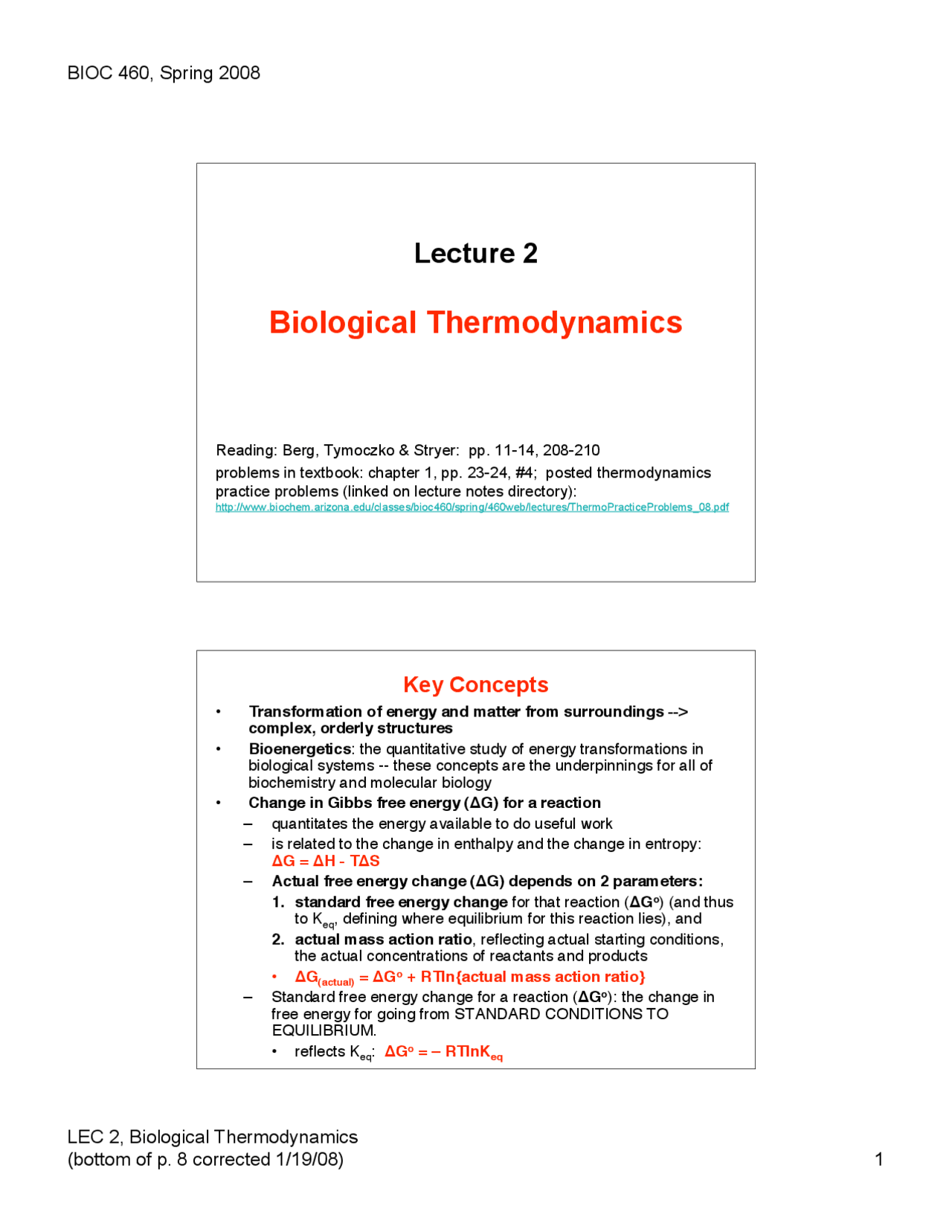 Biological Thermodynamics - General Metabolic Biochemistry | BIOC 460 - Docsity
