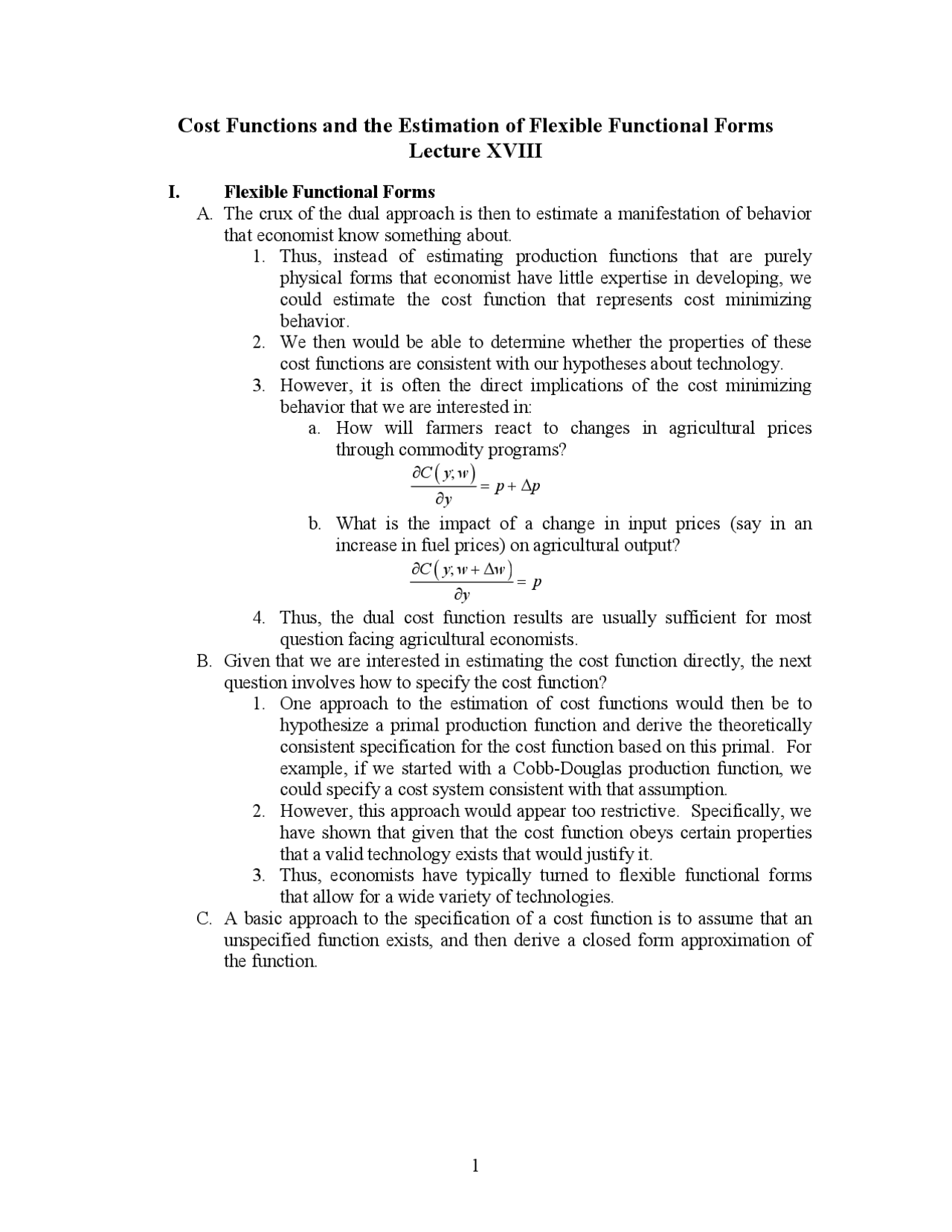 Cost Functions And The Estimation Of Flexible Functional Forms Aeb 6184 Docsity