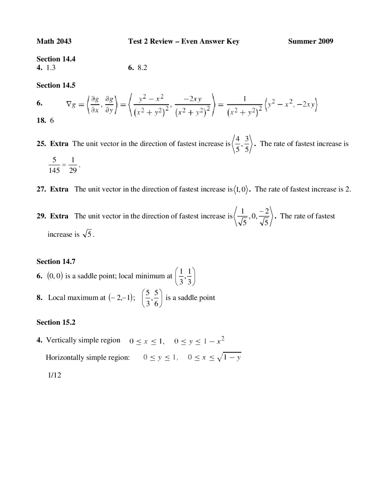 Practice Test 2 Review Answer Key Calculus Iii Math 2043 Exams