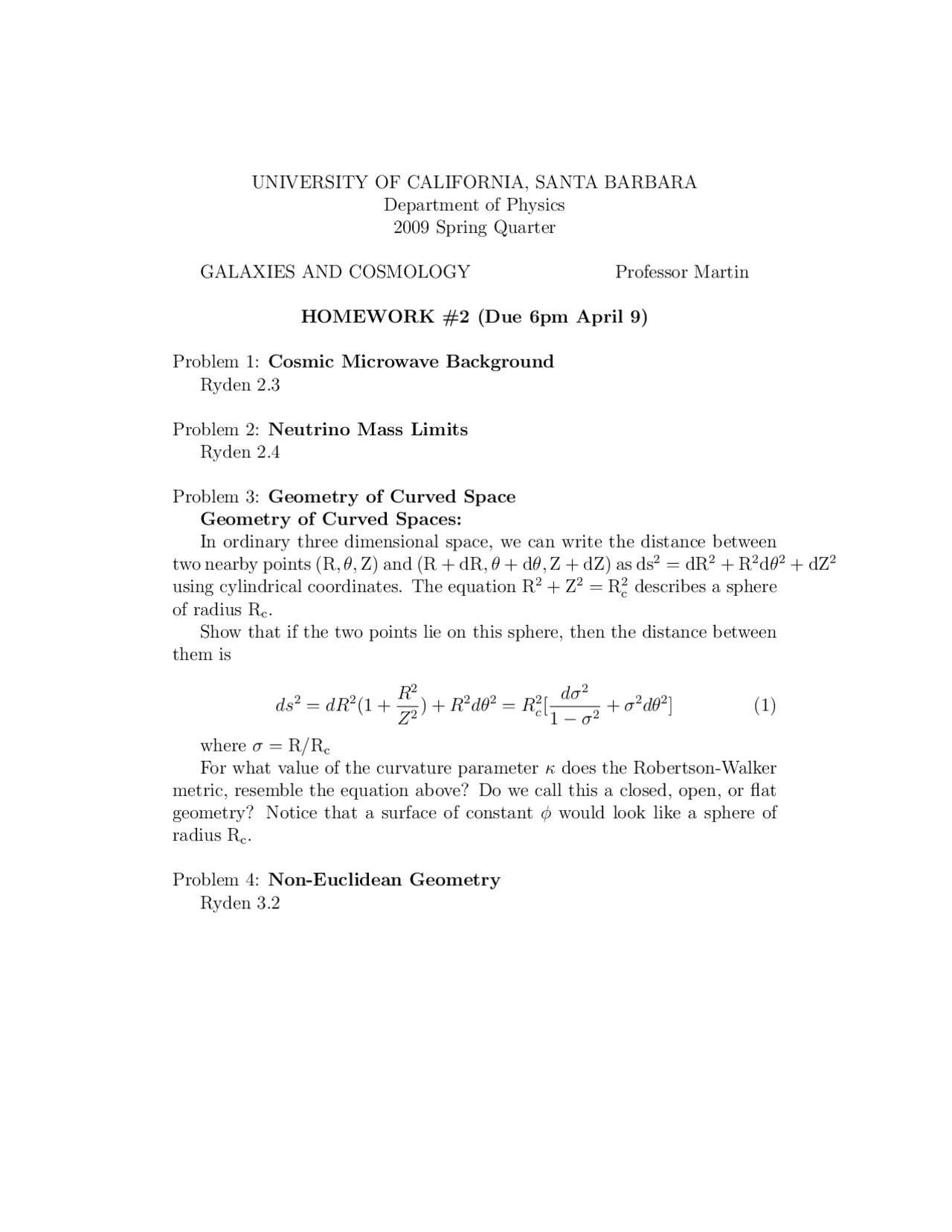 Problems On Galaxies And Cosmology Homework Ii Phys 133 Docsity