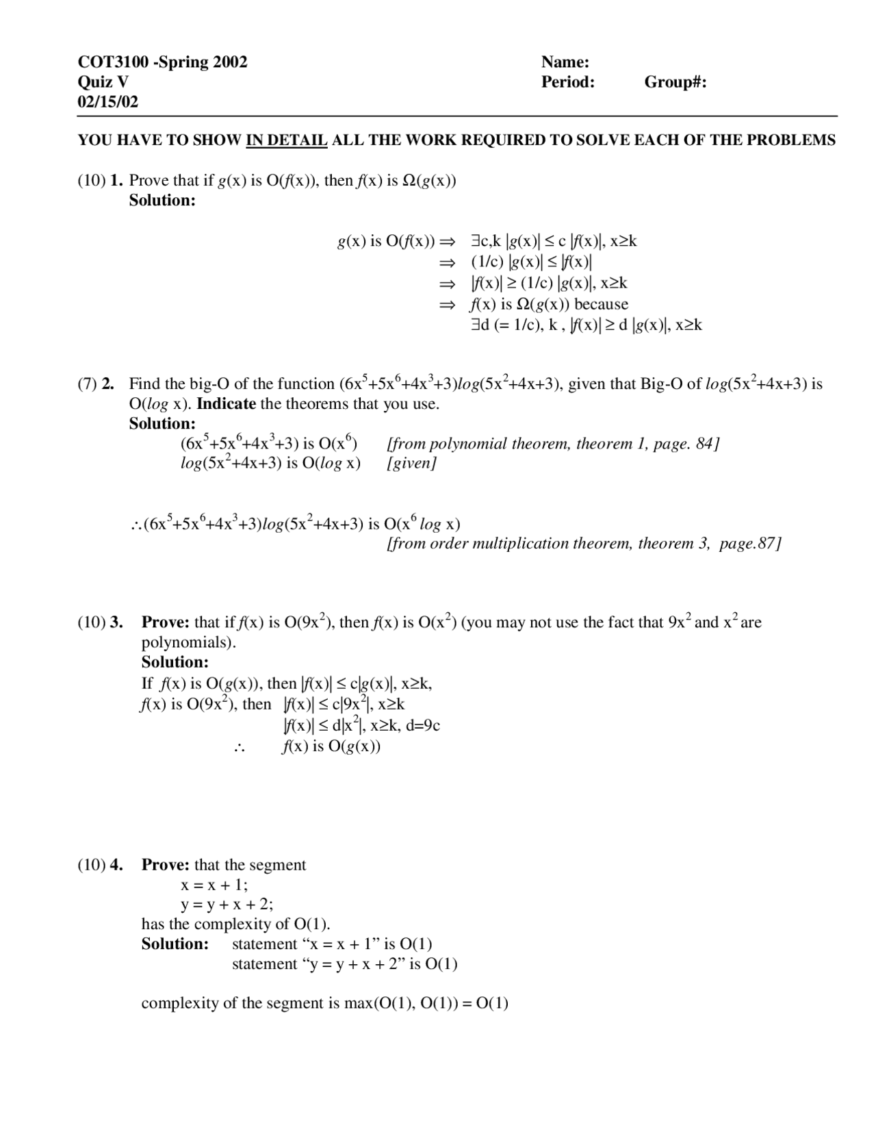 4 Solved Questions In Quiz 5 To Find The Functions Cot 3100 Docsity
