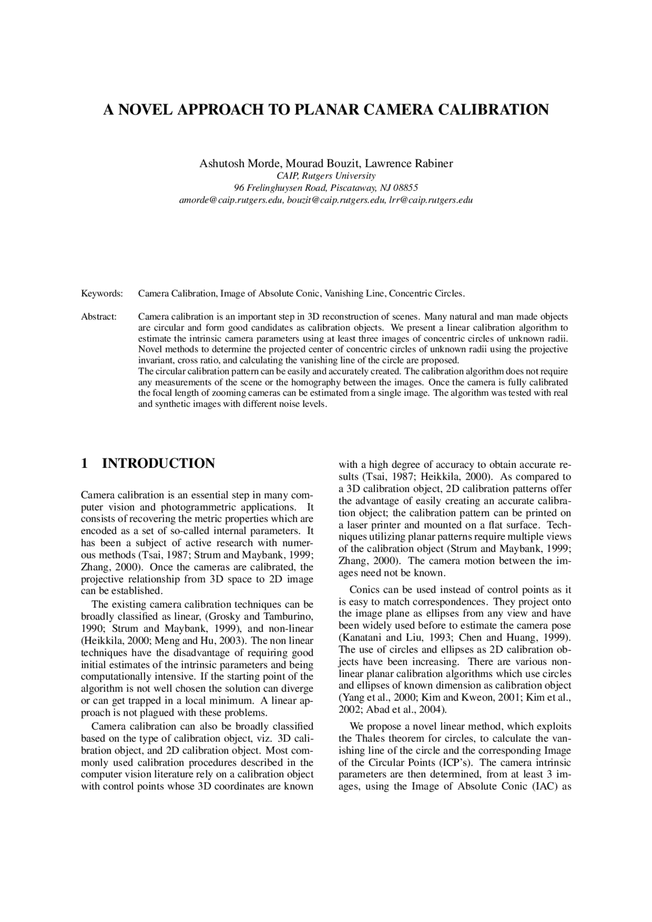 A Novel Approach To Planar Camera Calibration | CH ST 259 - Docsity
