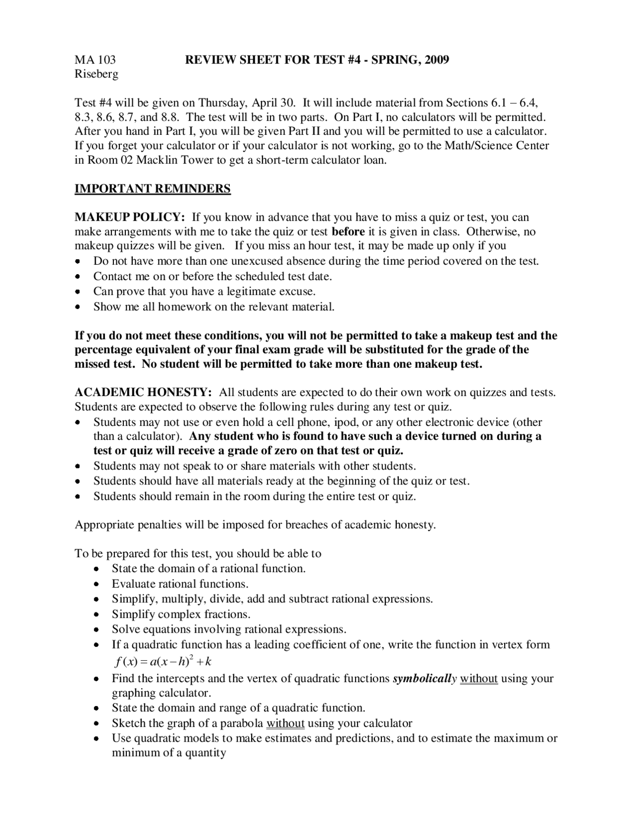 Review Sheet For Exam 4 Intermediate Algebra Ma 103 Docsity