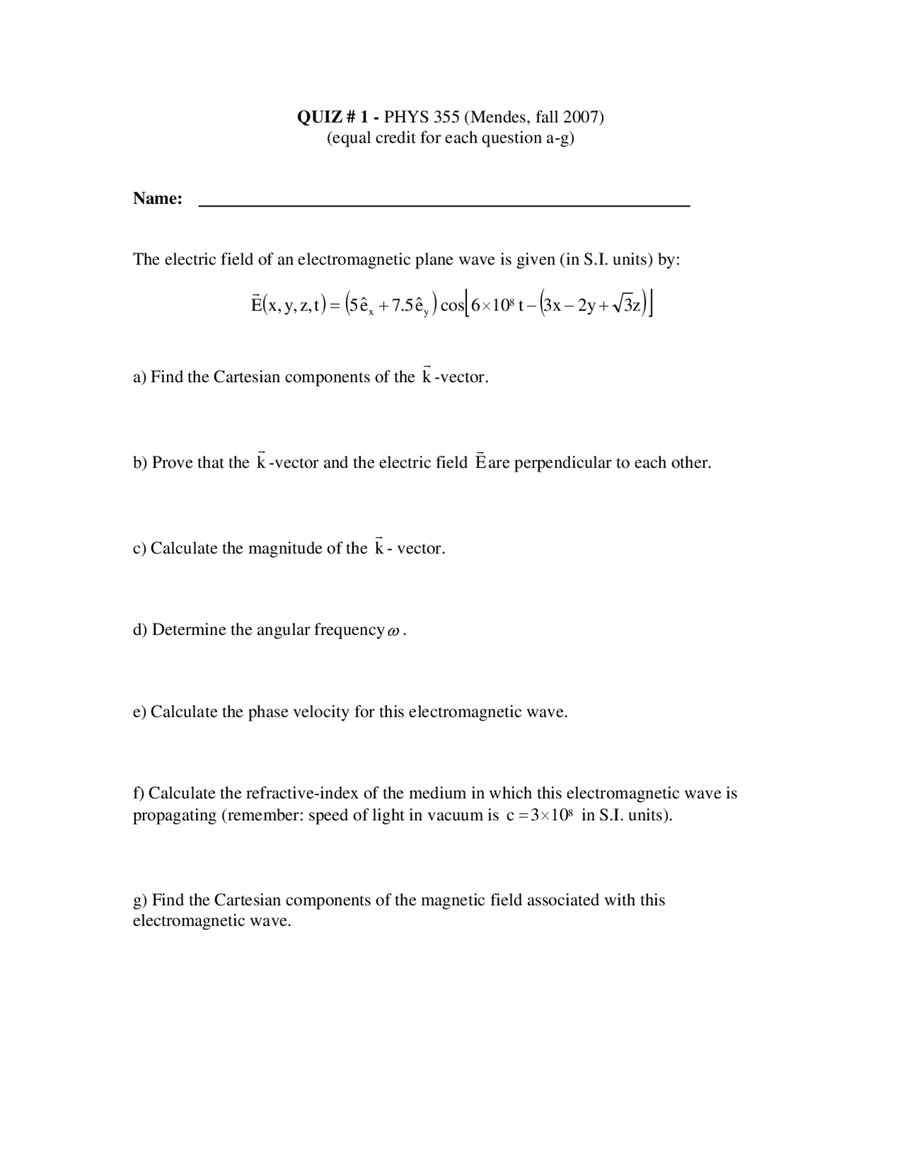 Practice Questions On Optics Quiz 1 Fall 2007 Phys 355 Docsity
