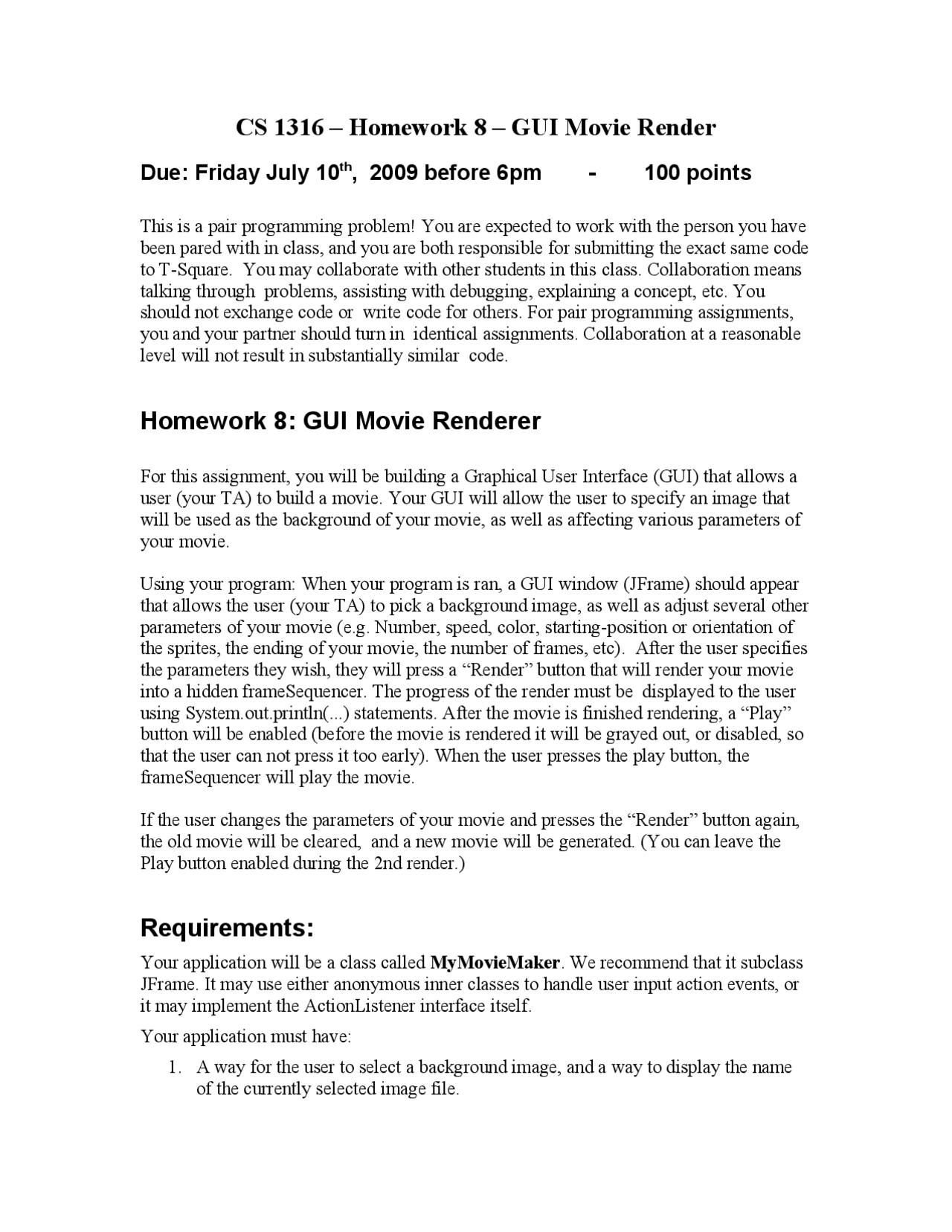 GUI Movie Render: Structure and Behavior - Assignment 8 | CS 1316 - Docsity