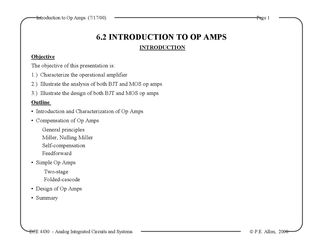 Introduction To Operational Amplifier Ece 4430 Docsity