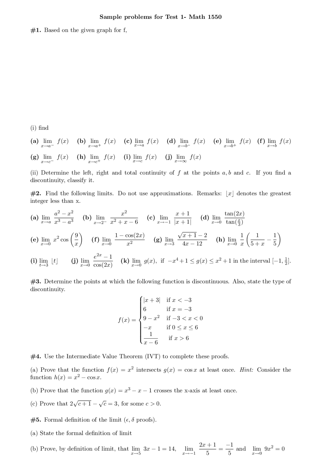 Math 1550 Test Sample Problems: Limits and Continuity | Exams ...