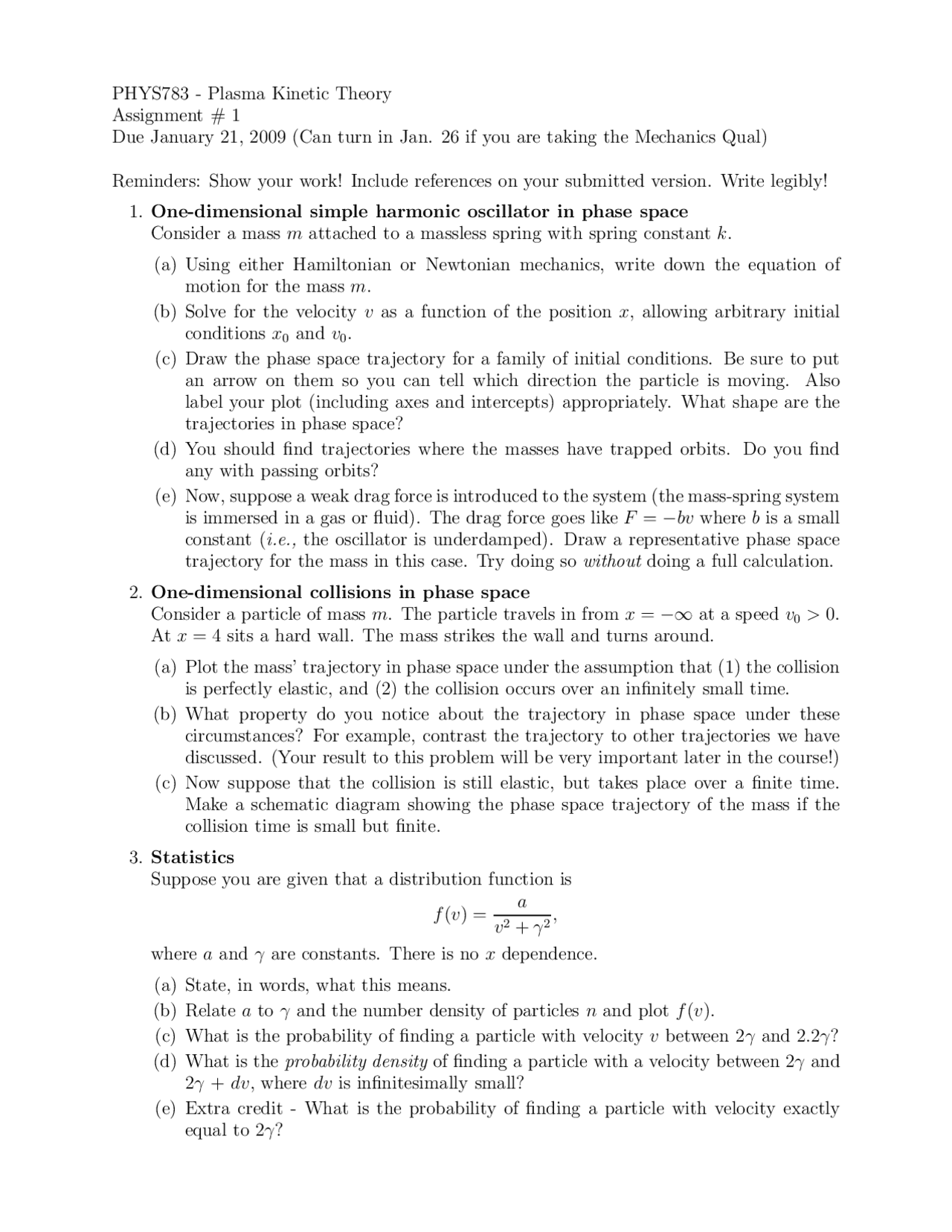 Assignment 1 On Plasma Kinetics Theory Phys 783 Docsity