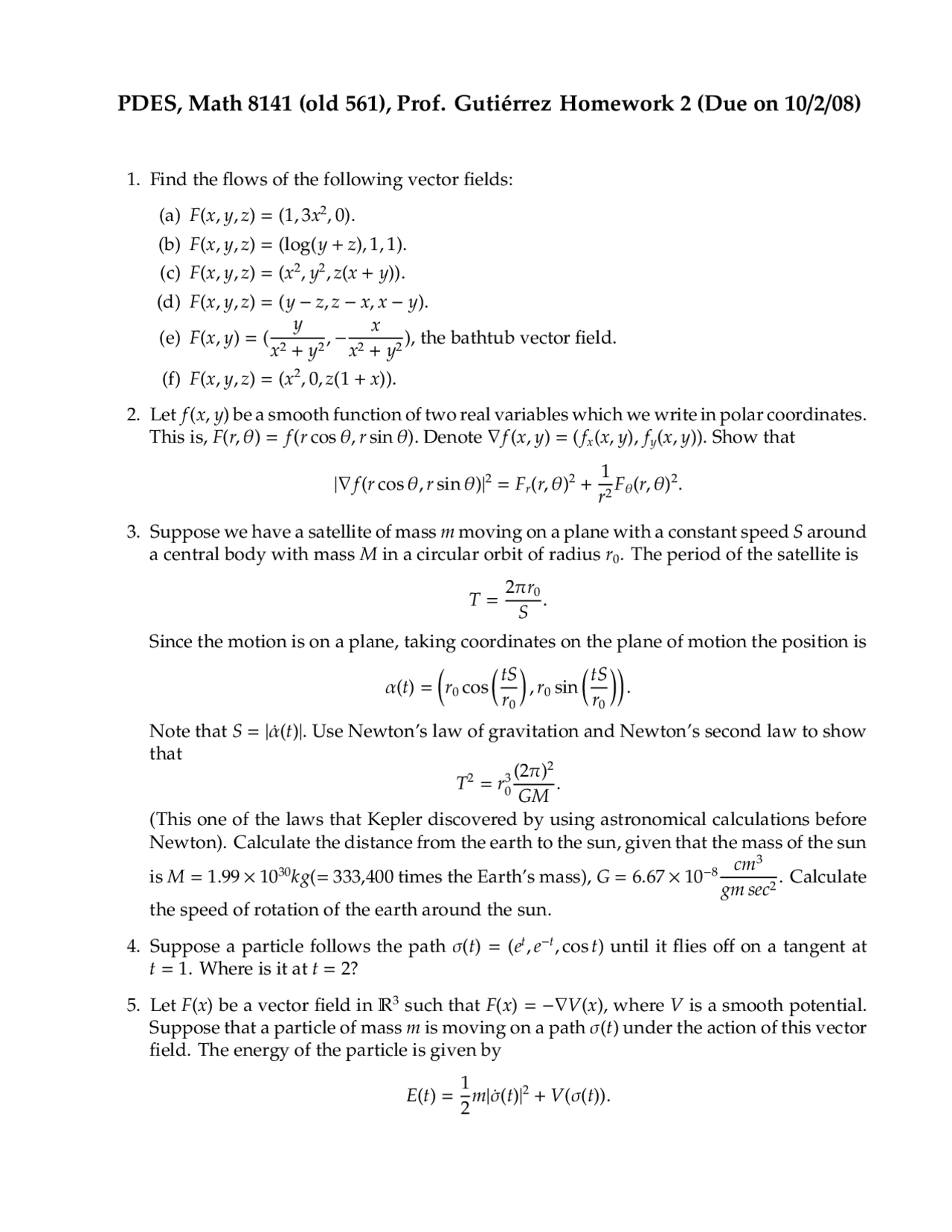 Homework 2 Practice Problems On Partial Differential Equations Math 8141 Docsity