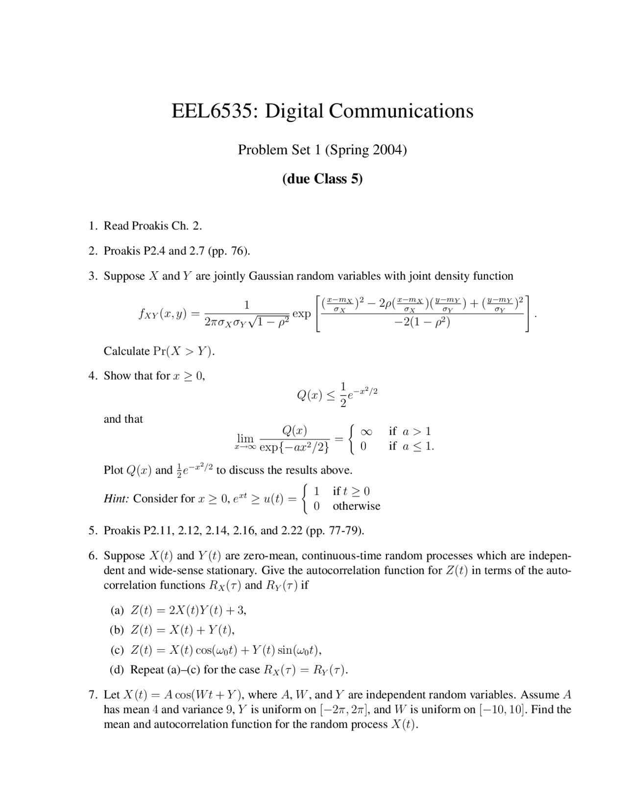 Problem Set 1 For Digital Communication Eel 6535 Docsity