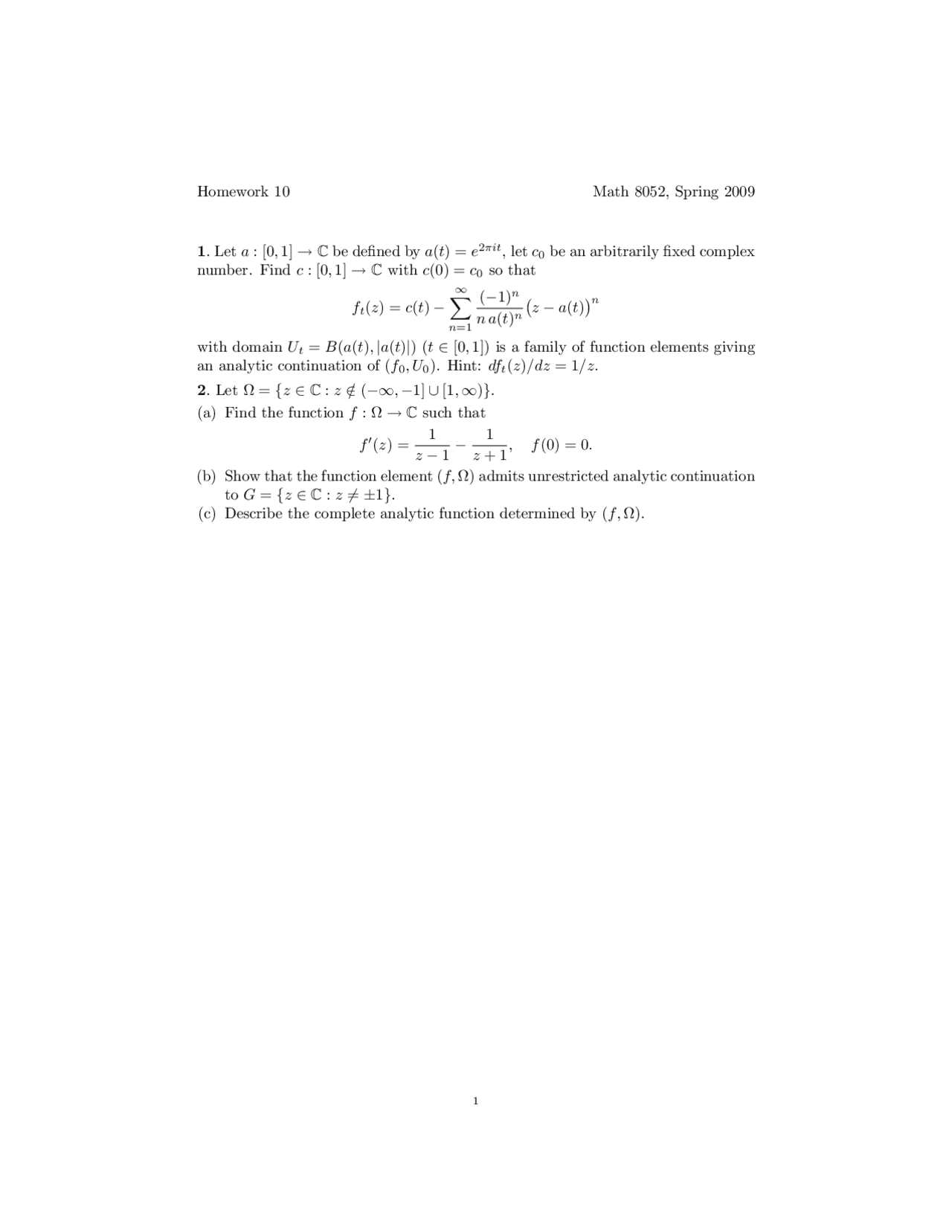 Homework 10 With 2 Problems On Functions Of A Complex Variable Math 8052 Docsity