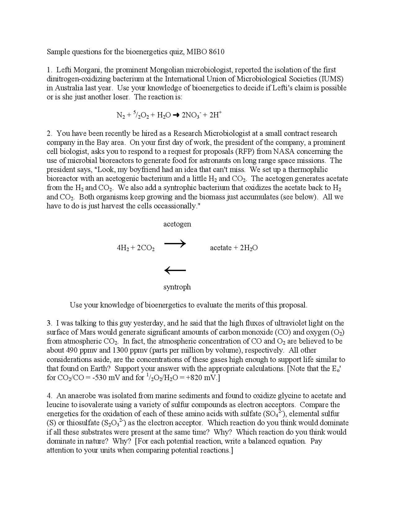 Sample Questions For The Bioenergetics Quiz Mibo 8610 Docsity