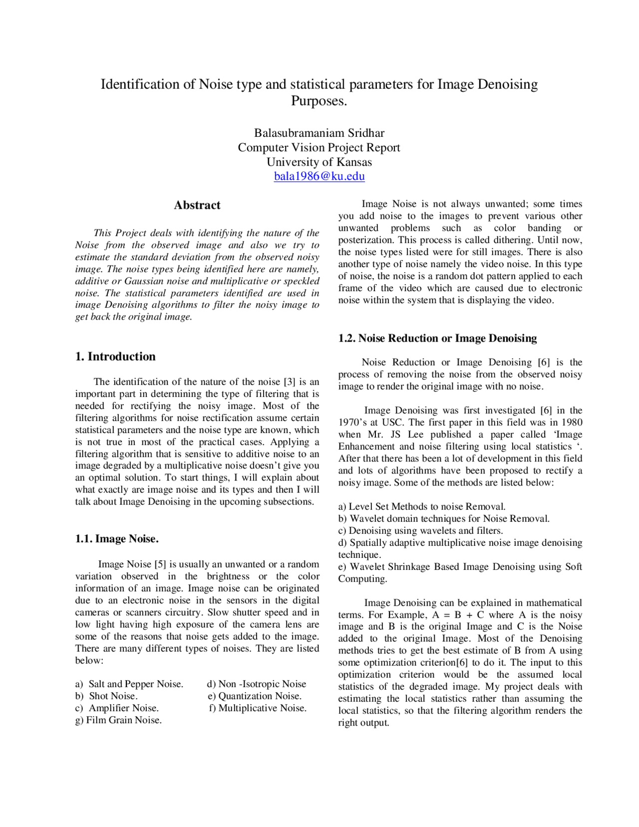 Identification of Noise Type and Statistical Parameters for Image Processing | EECS 841 - Docsity