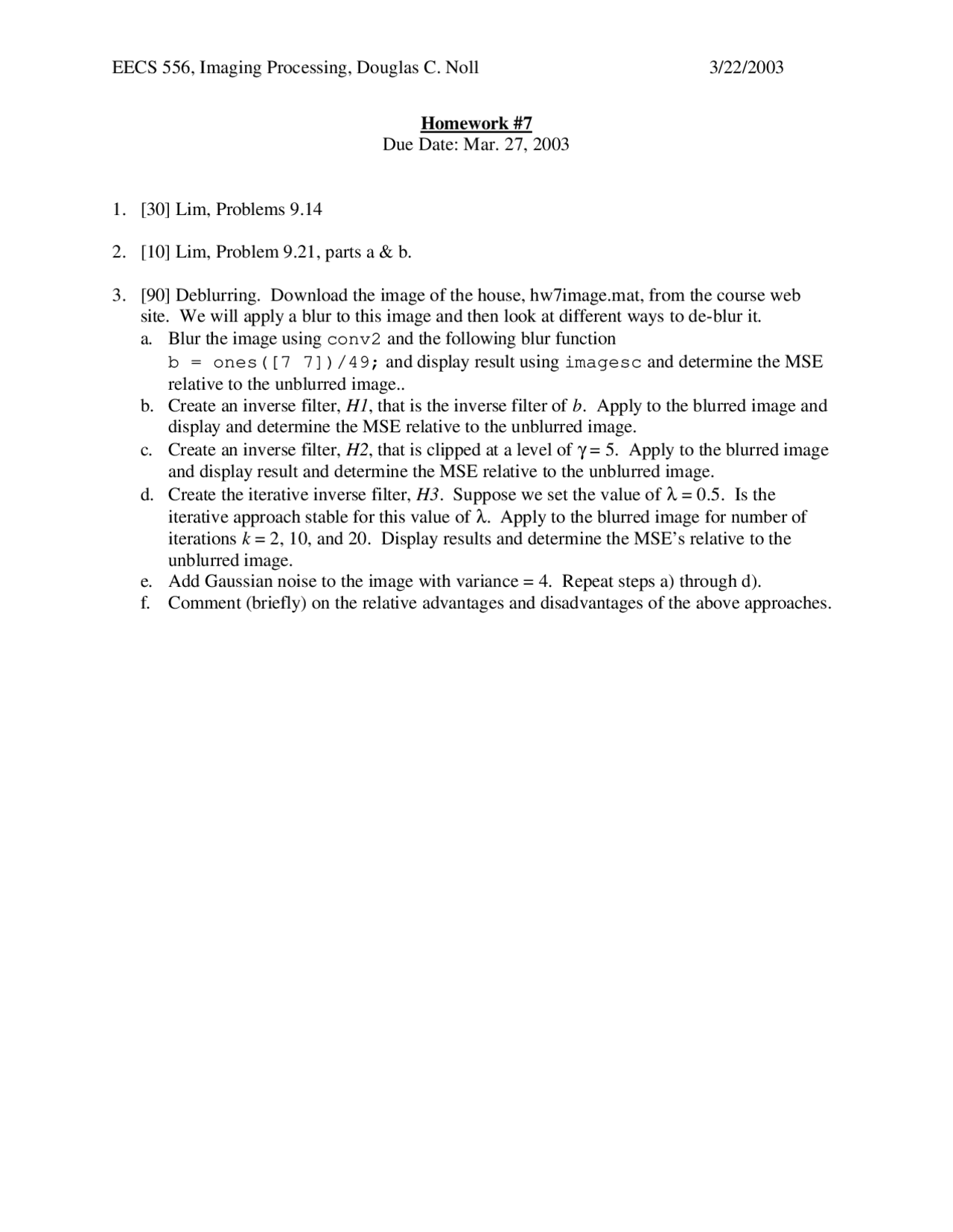 Problems On Image Processing Homework 7 Eecs 556 Docsity