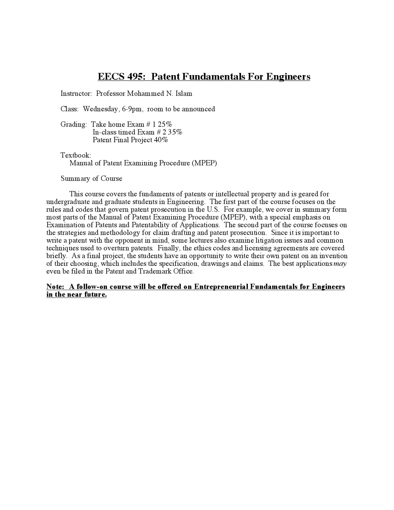 Patent Fundamentals For Engineers Review Sheet Eecs 495 Docsity
