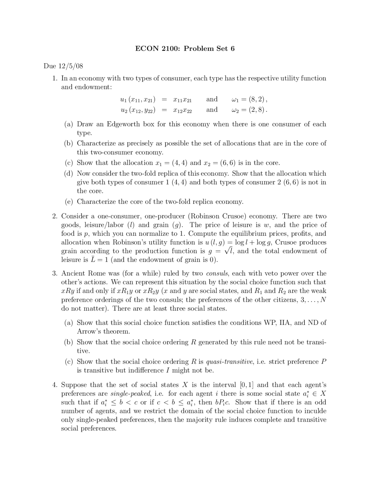 Problem Set 6 Questions Advanced Microeconomics Econ 2100 Docsity