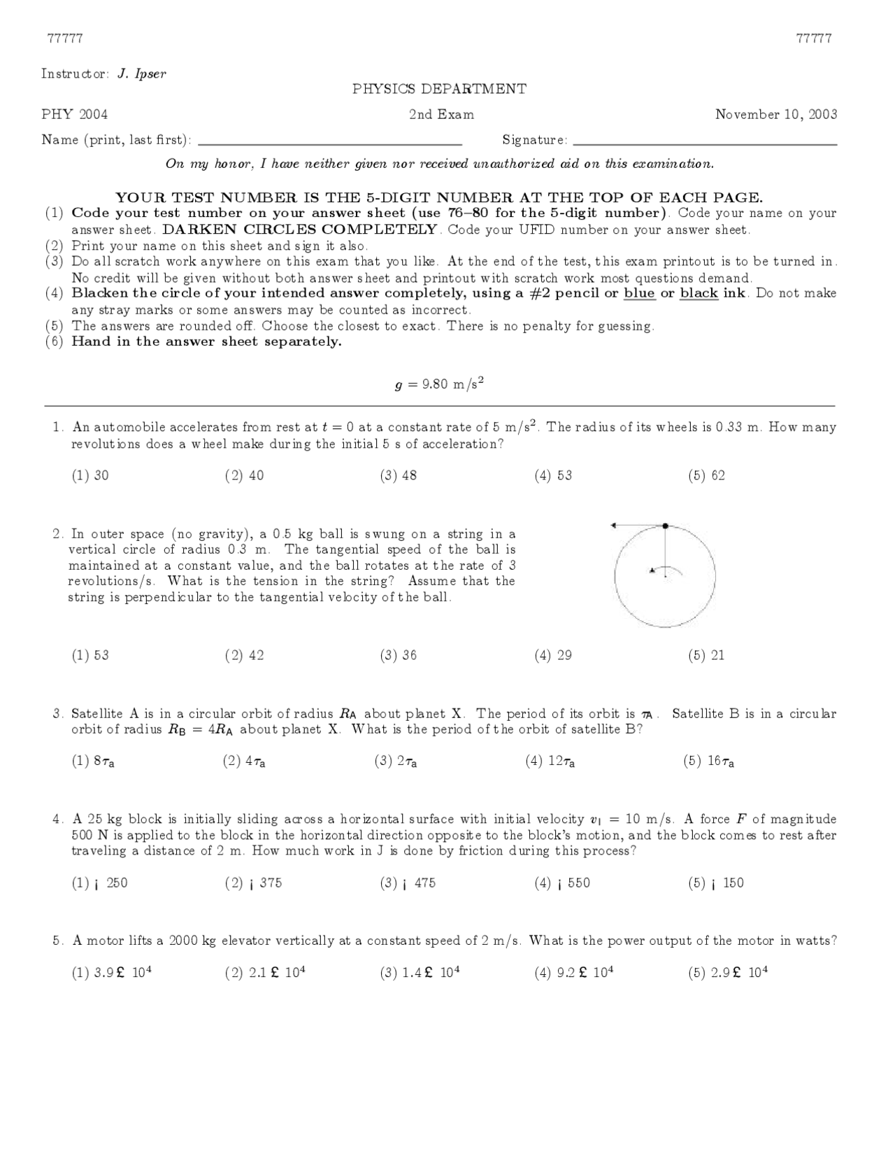 Examination 2 Applied Physics I Phy 2004 Docsity