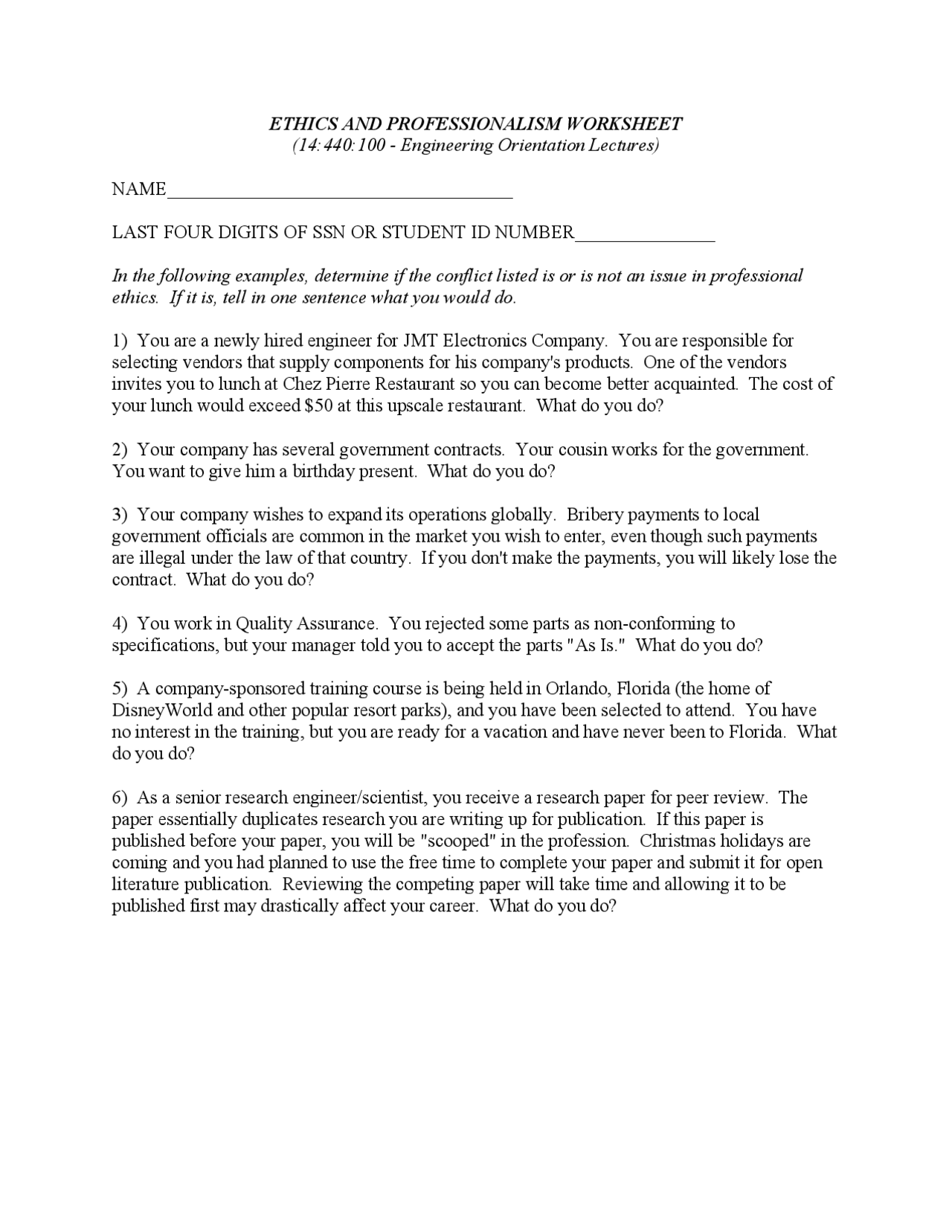 Ethics And Professionalism Worksheet 440 100 Docsity