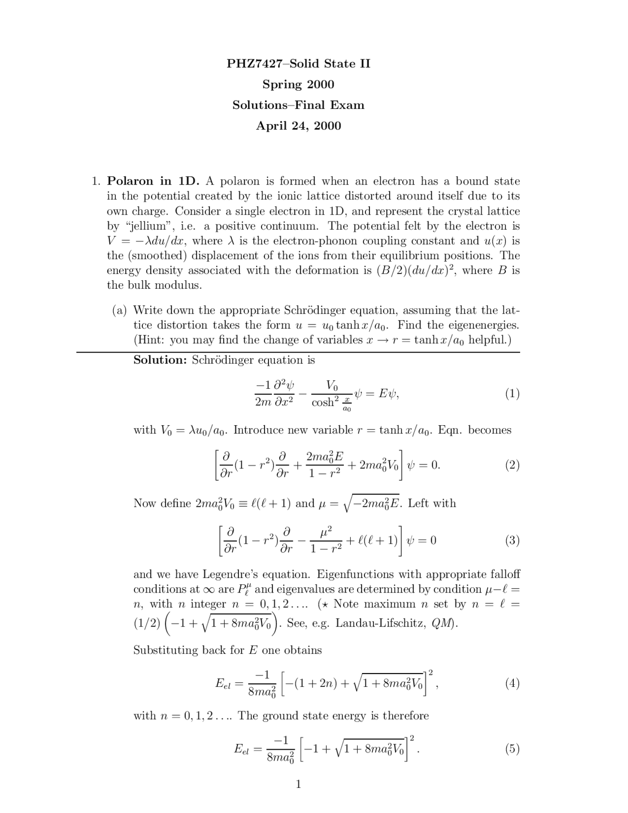 Solutions To Final Examination Solid State Ii Phz 7427 Docsity