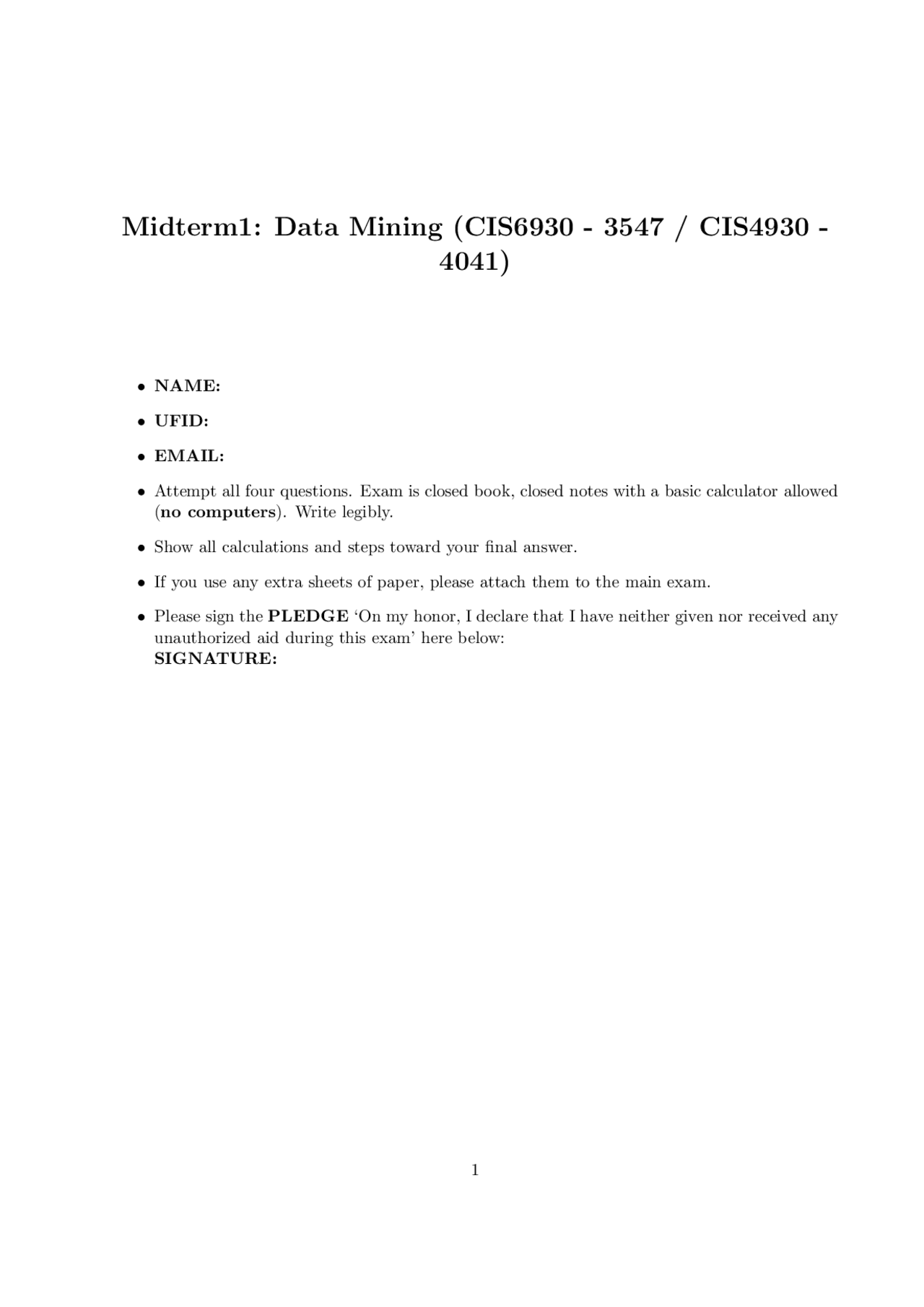 Practice Problems For Midterm 1 Data Mining Cis 6930 Docsity