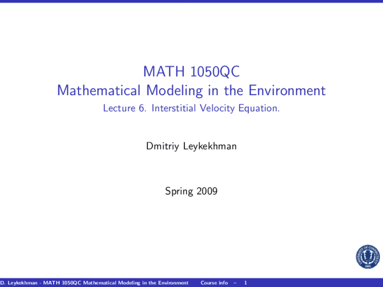 Interstitial Velocity Equation - Lecture Slides | MATH 1050 - Docsity