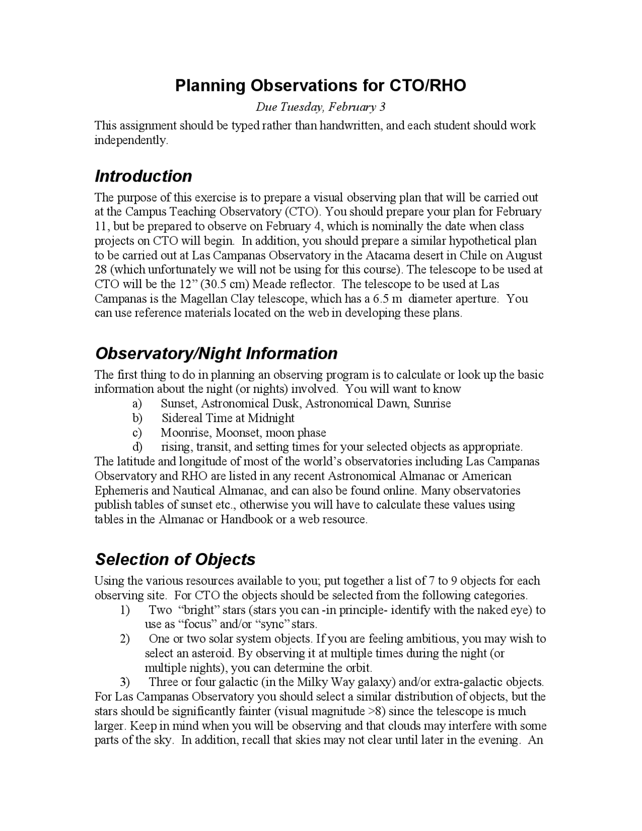 Planning Observations for CTO/RHO - Assignment 2 | AST 3722C - Docsity