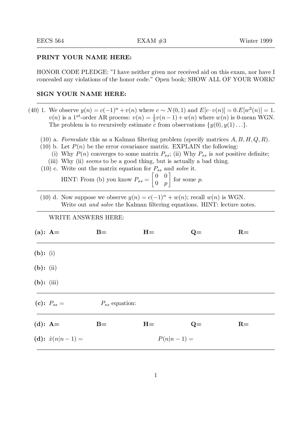 Exam 3 Estimation Filtering And Detection Winter 1999 Eecs 564 Docsity