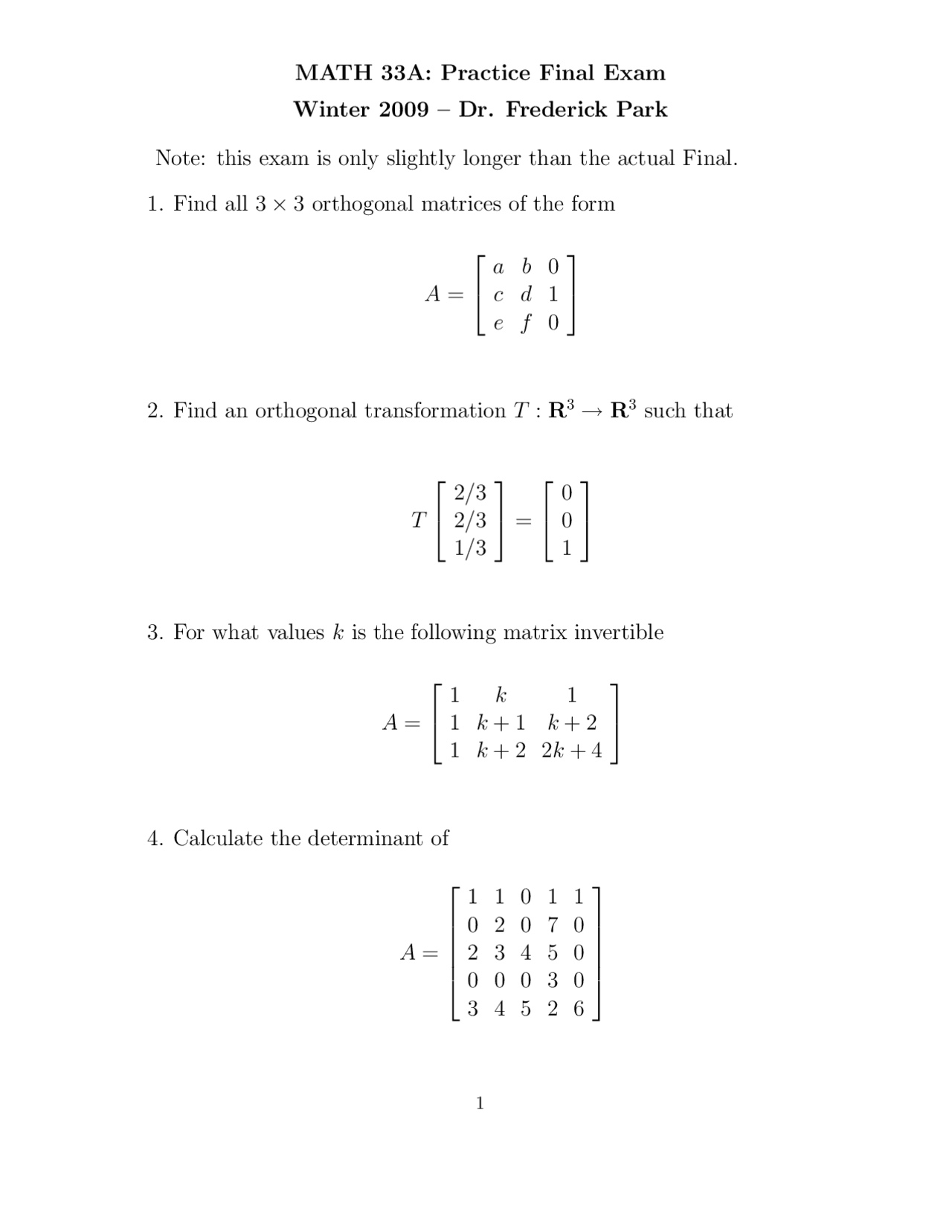 Practice Final Exam Questions Linear Algebra And Applications Math