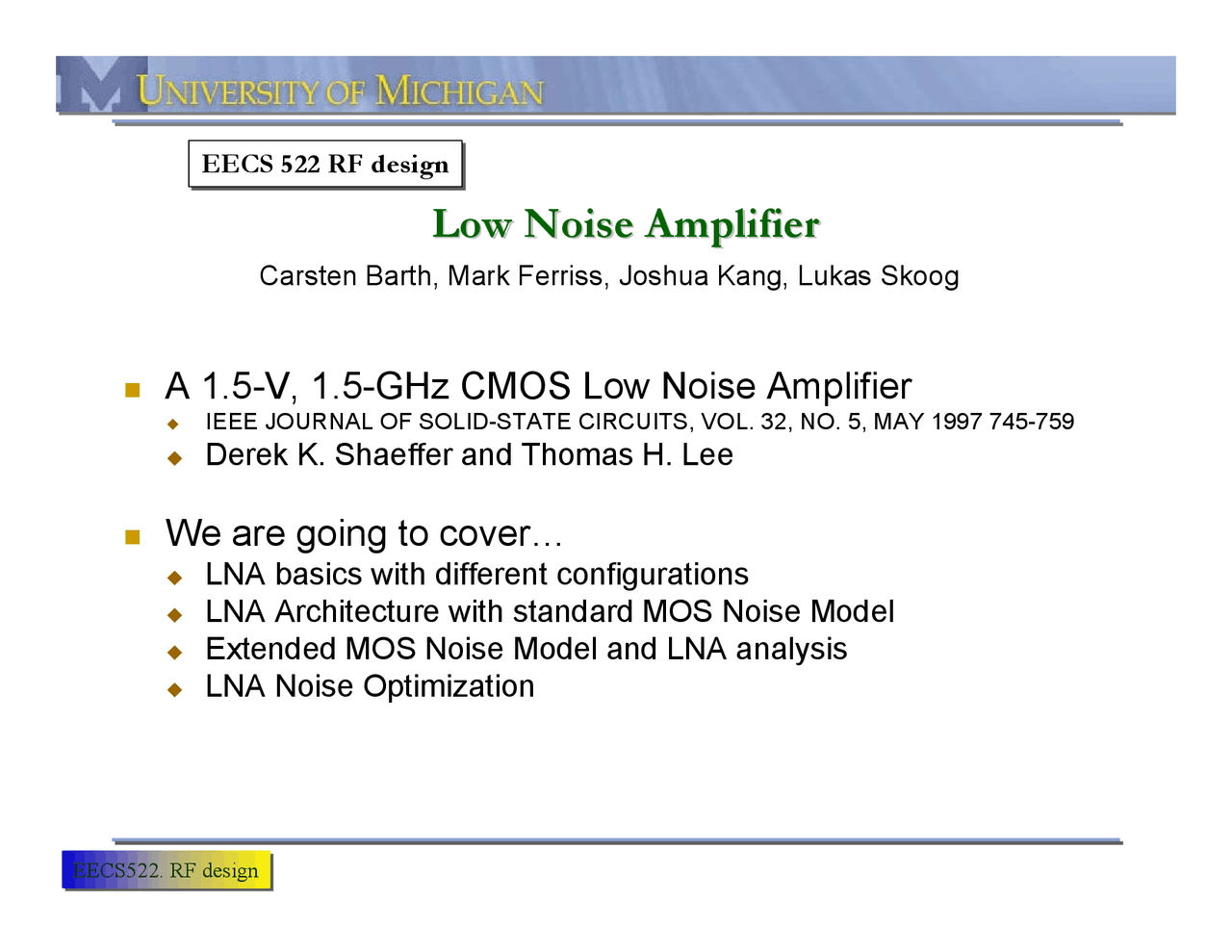 Low Noise Amplifier Analog Integrated Circuit Lecture Notes Eecs