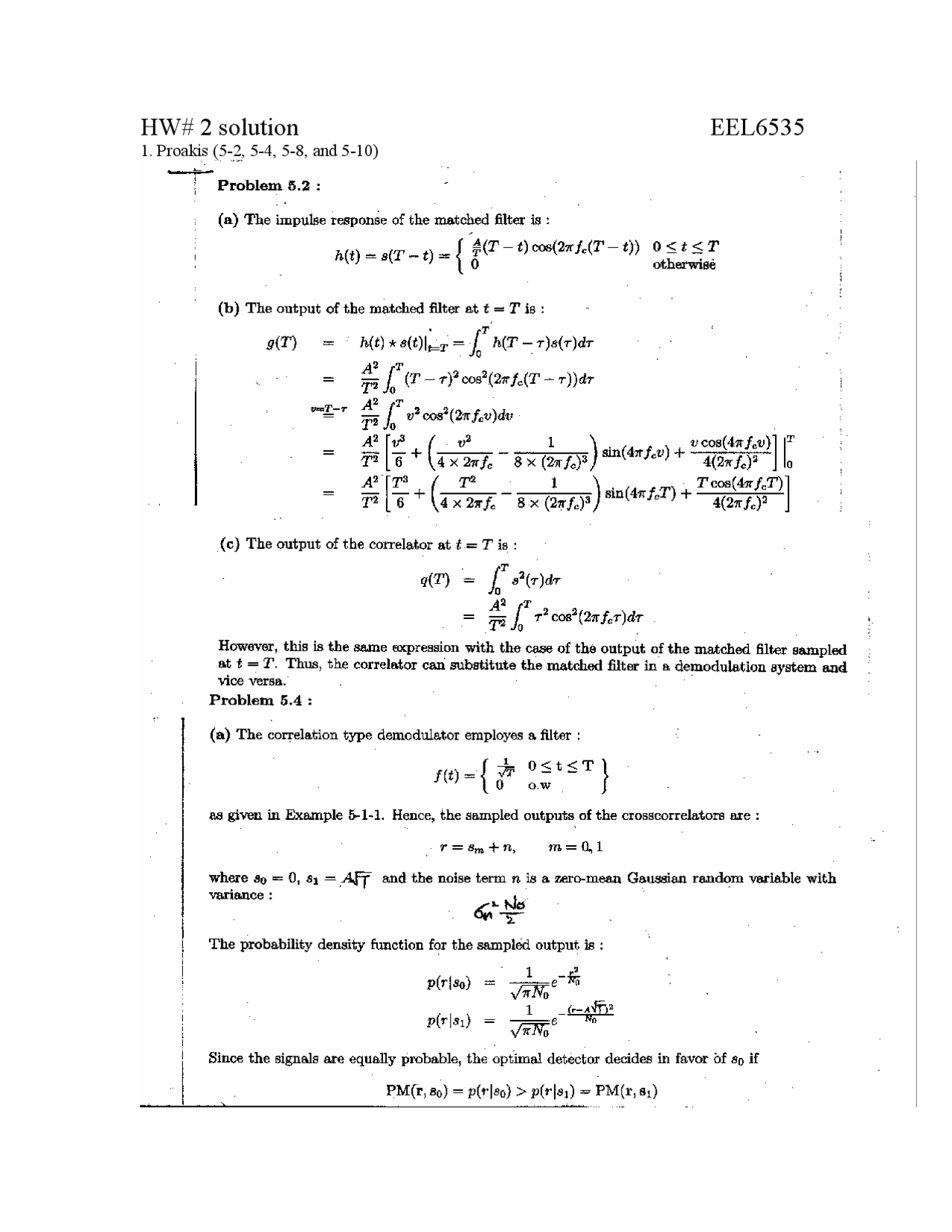 Digital Communication Solutions For Homework 2 Eel 6535 Docsity