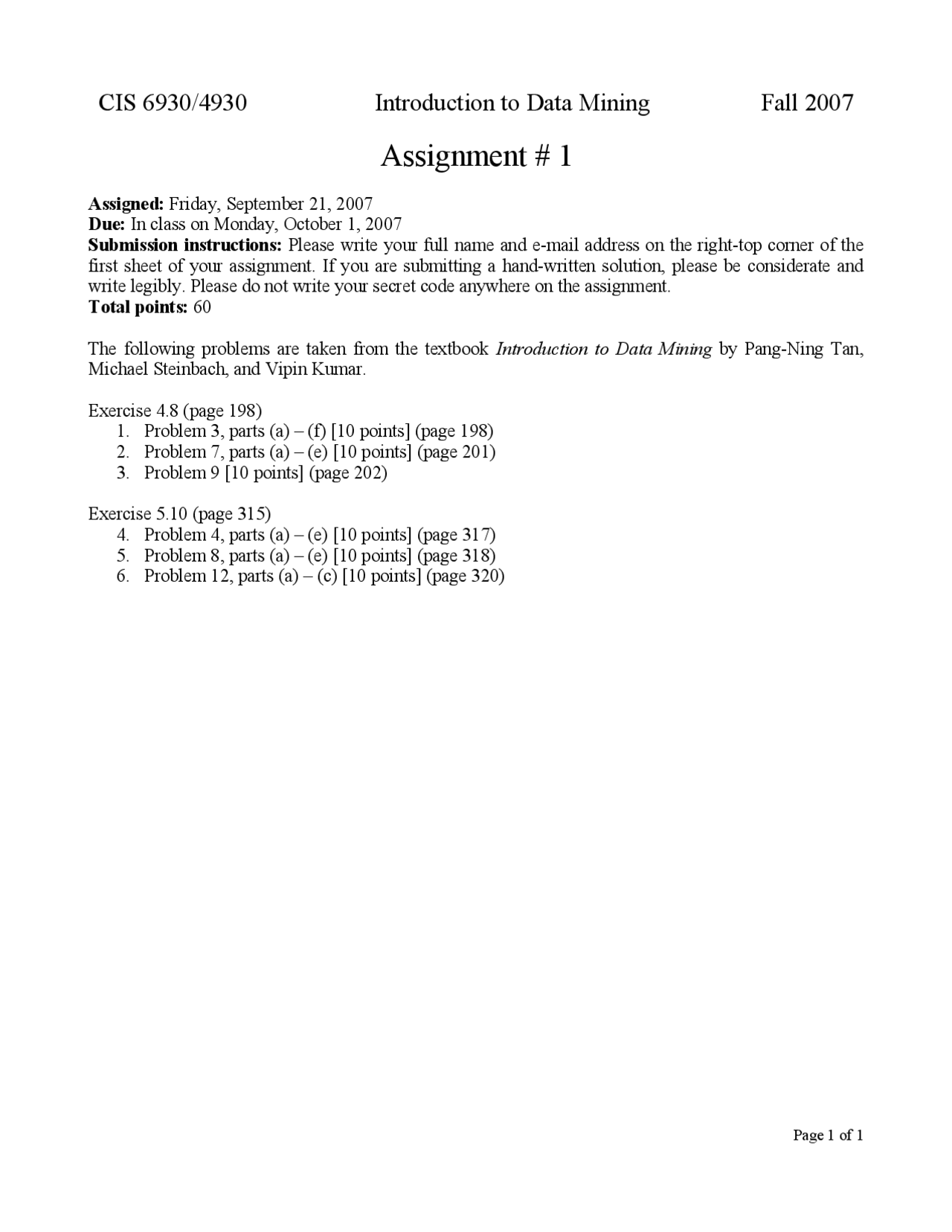 Practice Homework 1 Introduction To Data Mining Cis 6930 Docsity