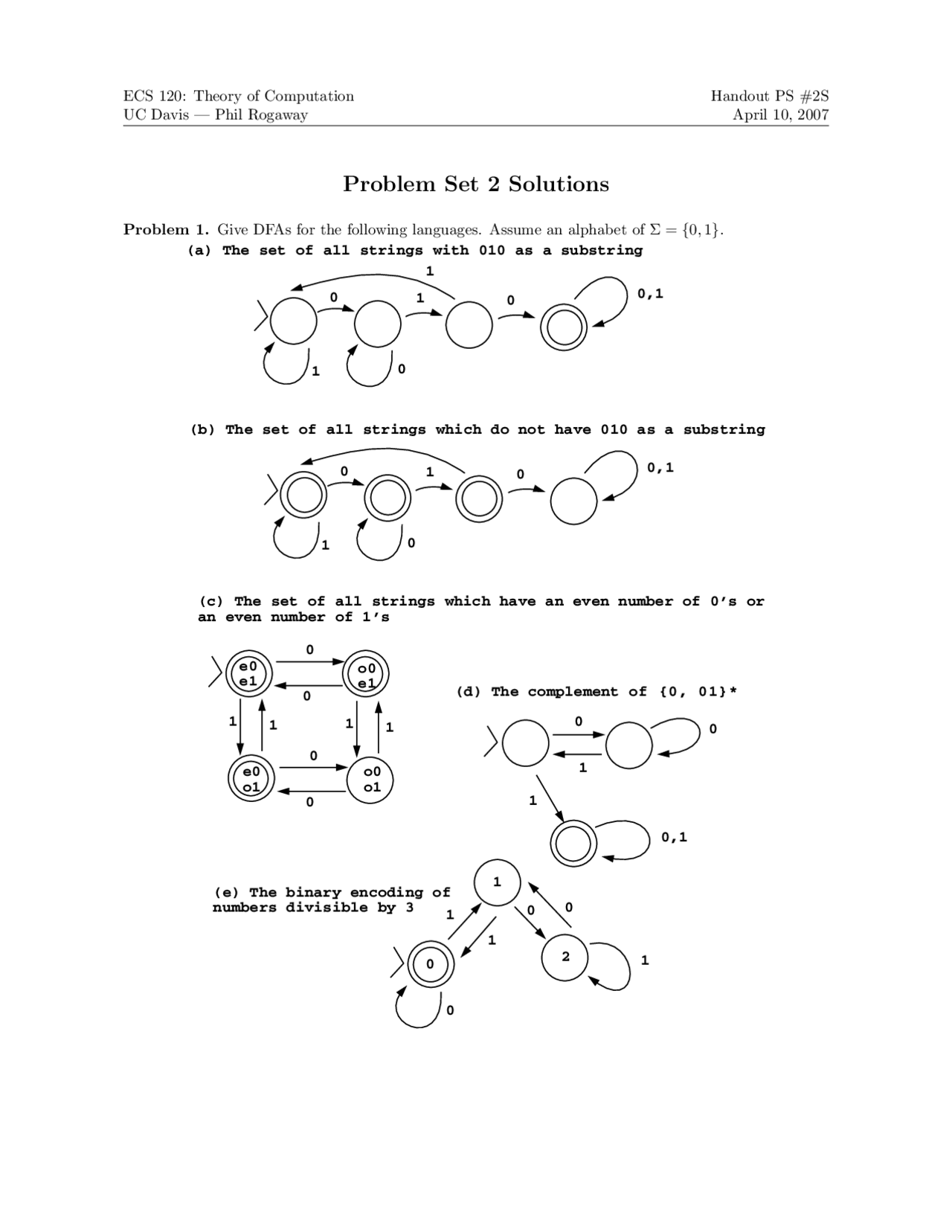 Problem Set 2 Solutions Introduction To Theory Computation Ecs 120 6663