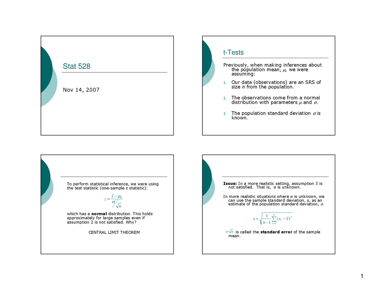 Notes On T Test In Exam Data Analysis I Lecture Slides Stat 528