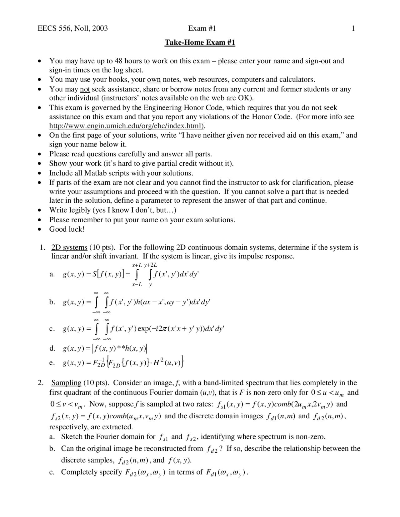 Exam 1 for Image Processing - 2003 | EECS 556 - Docsity