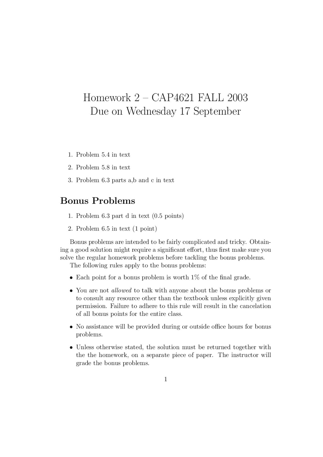 Homework 2 Problems Artificial Intelligence Fall 2003 Cap 4621