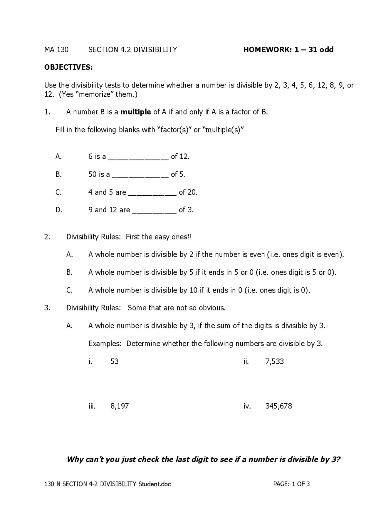 Divisibility Homework 1 Elements Of Mathematics I Ma 130 Docsity