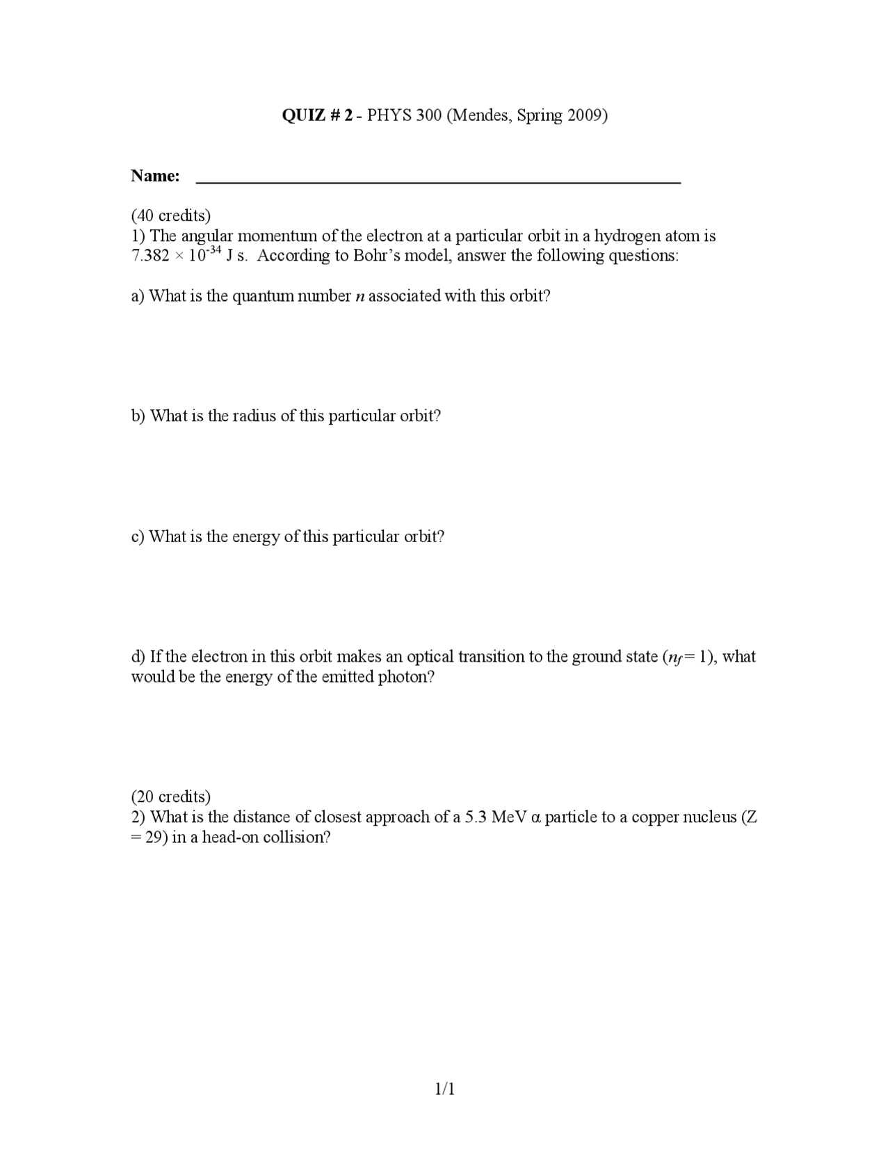 Quiz 2 Unsolved Questions Introduction Modern Physics Phys 300