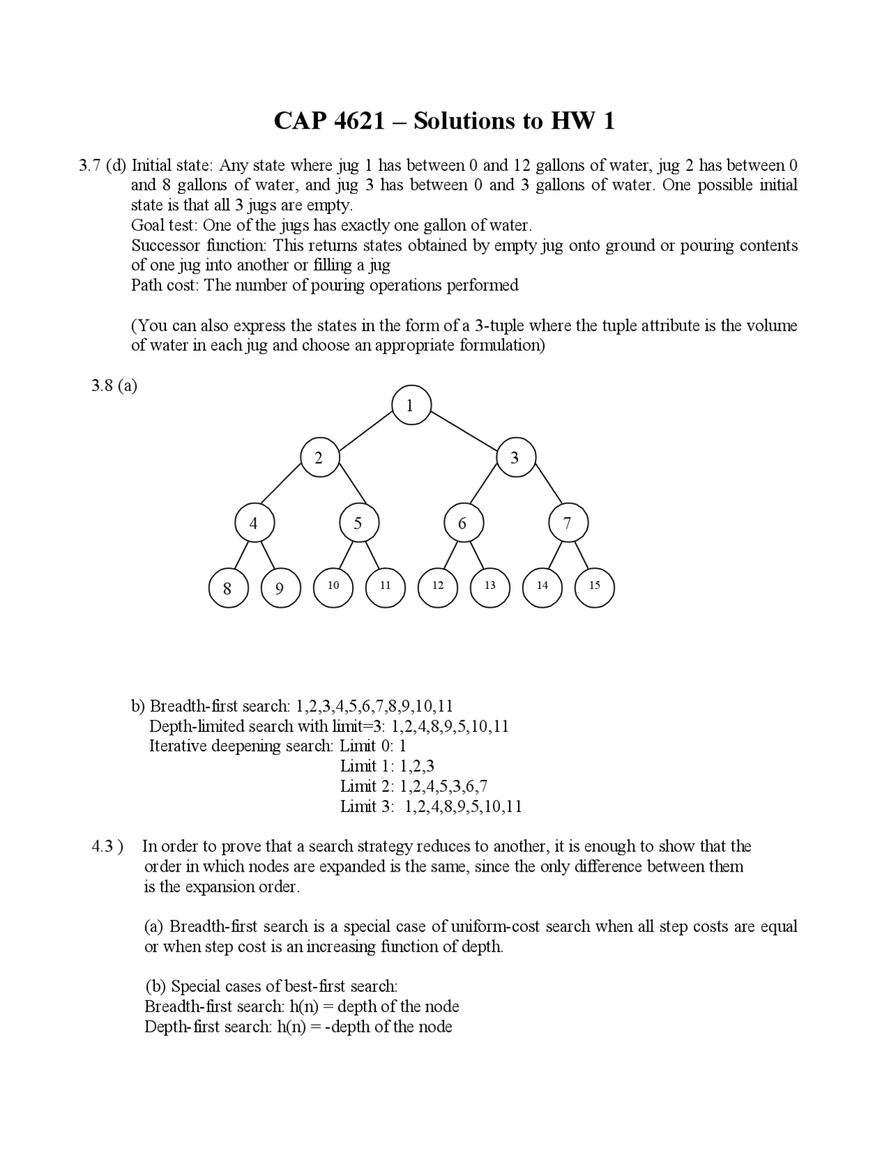 Solutions To Homework 1 Artificial Intelligence Cap 4621 Docsity