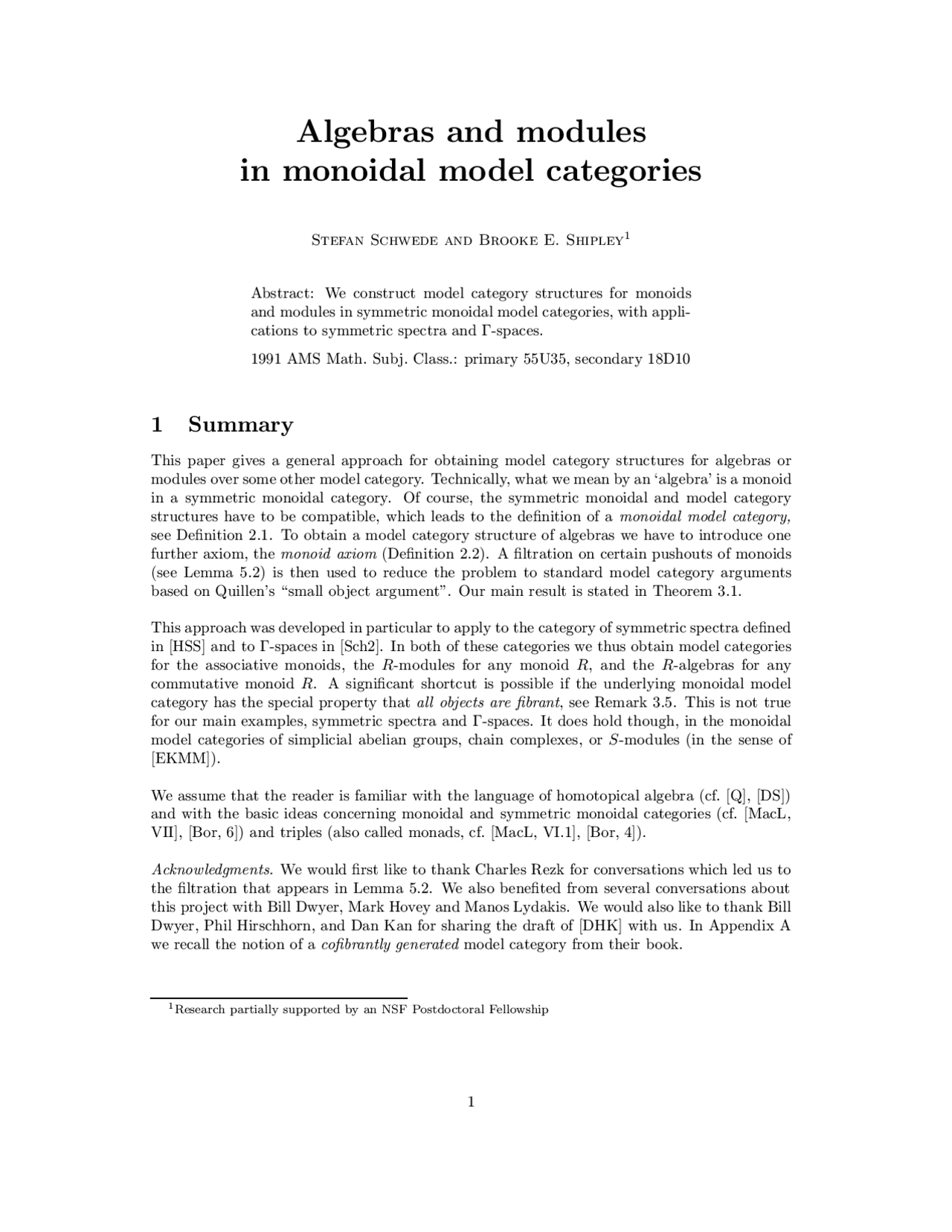 Algebras and Modules in Monoidal Model Categories | MATH M0070 - Docsity