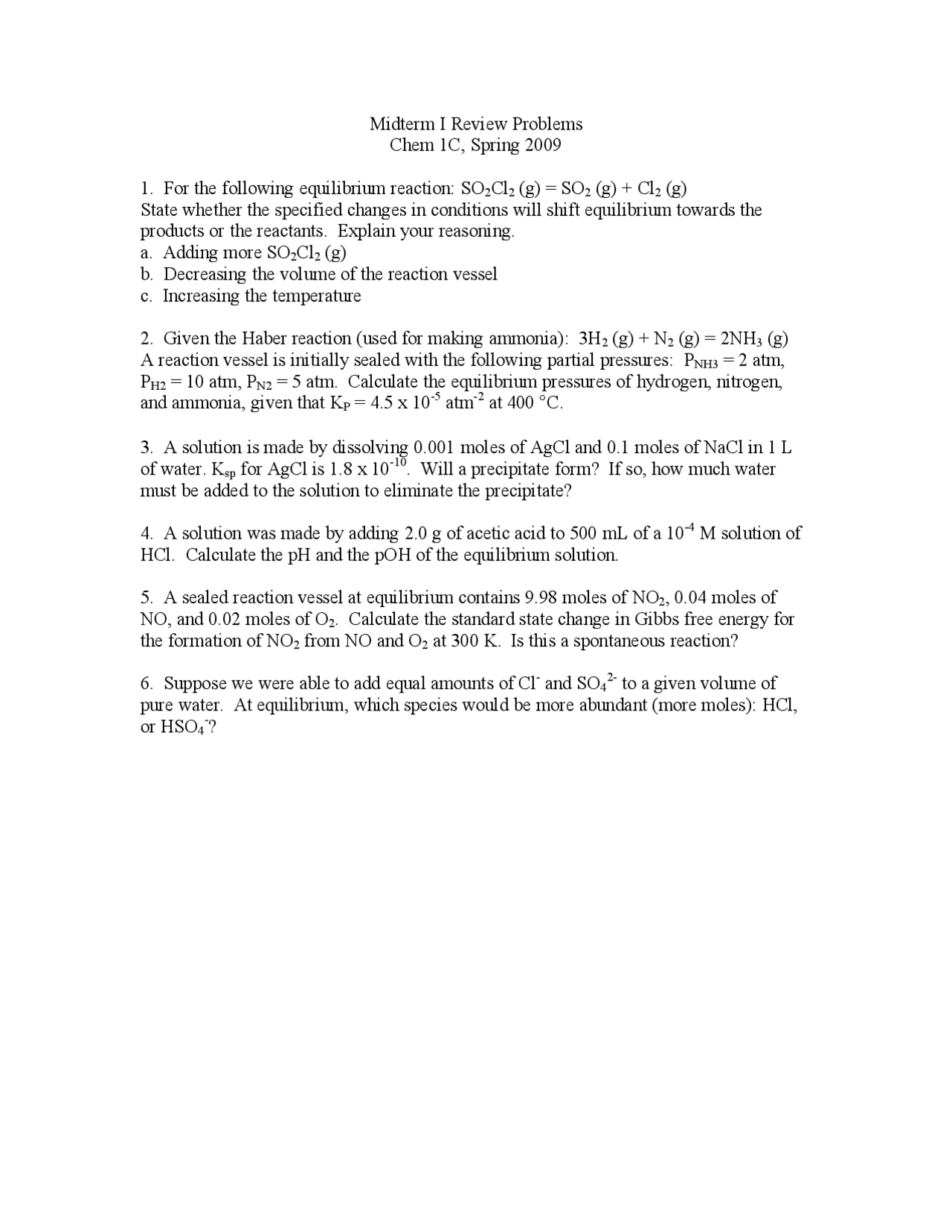 Midterm 1 Review Problems - General Chemistry | Chem 1 | Exams ...