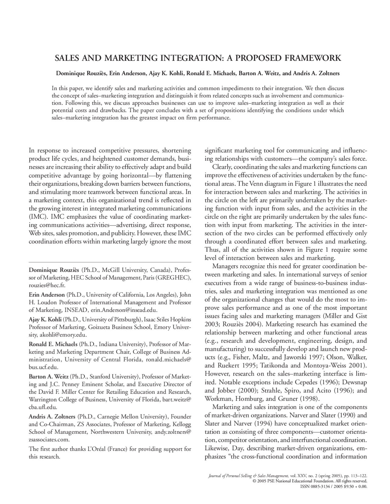 Sales and Marketing Integration: A Proposed Framework - Paper | mar-86 ...
