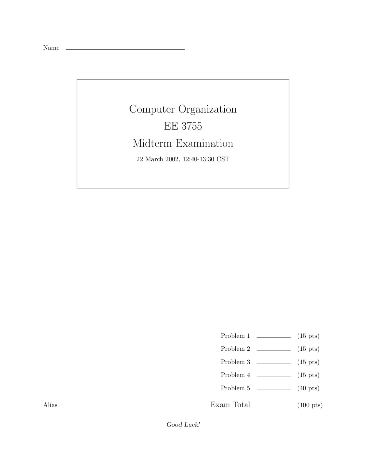5 Problems on Computer Organization - Midterm Exam | EE 3755 | Exams Electrical and Electronics ...