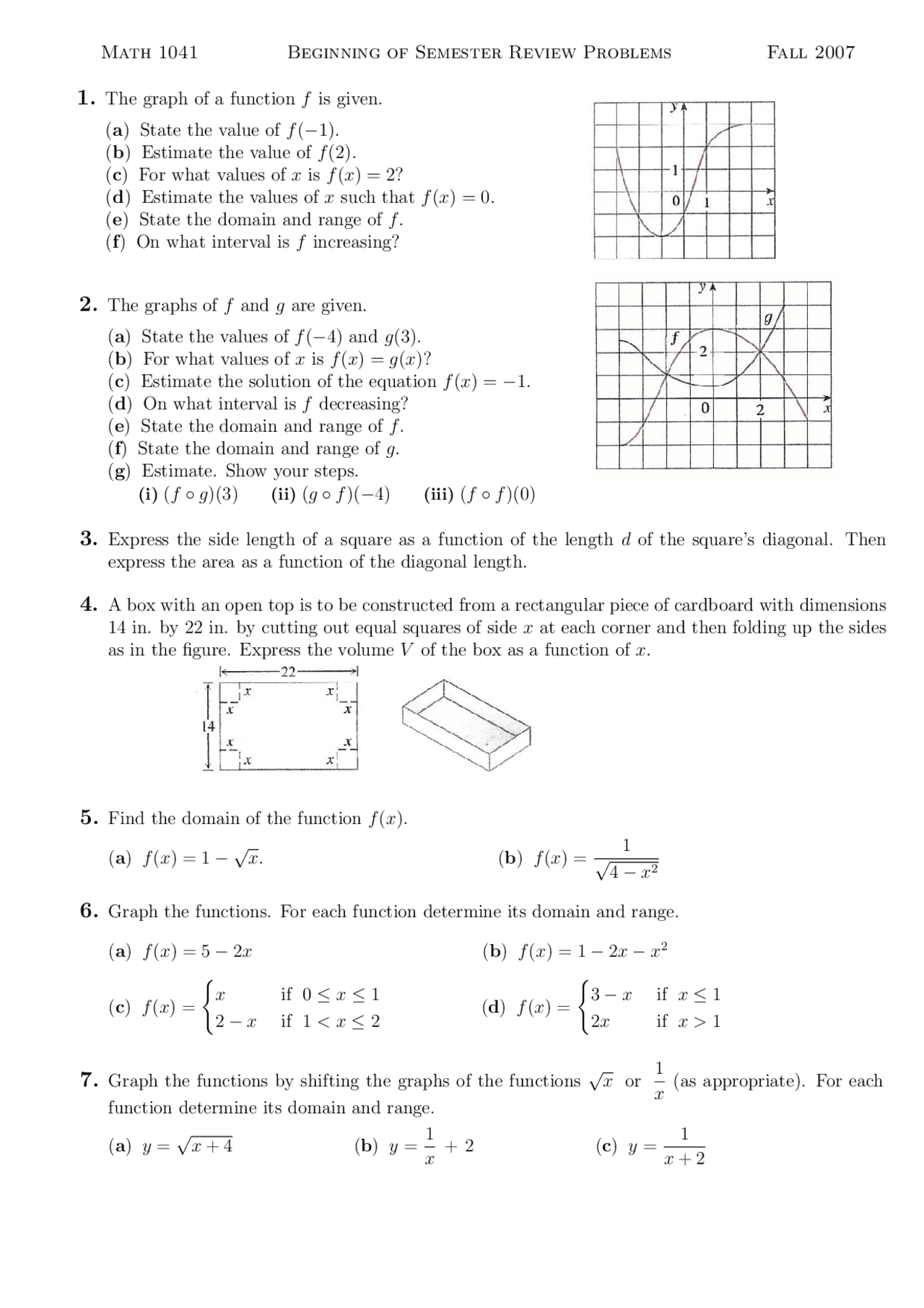 Semester Review Problems Calculus I Fall 2007 Math 1041 Docsity