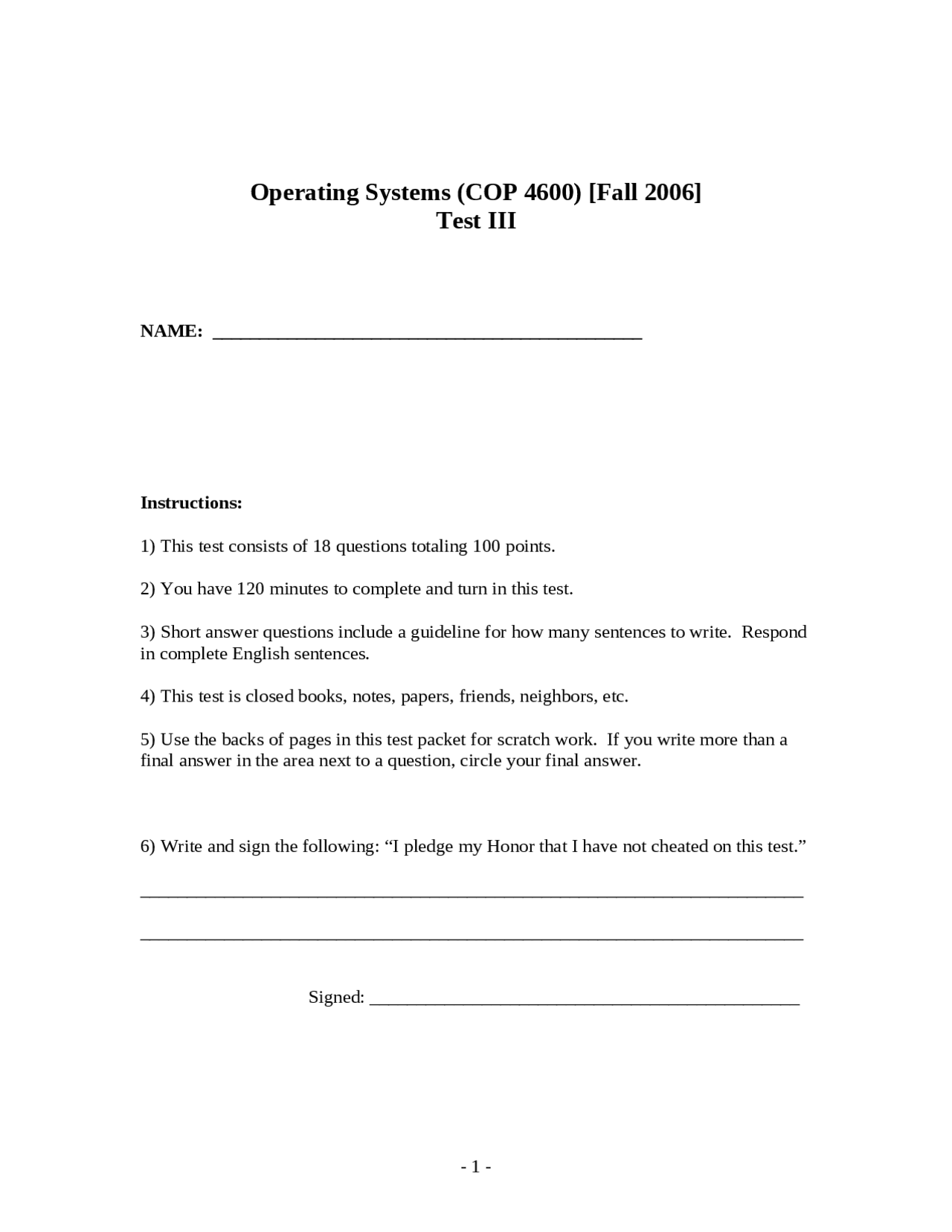 Operating Systems Past Paper Questions 2006 Cop 4600 Docsity