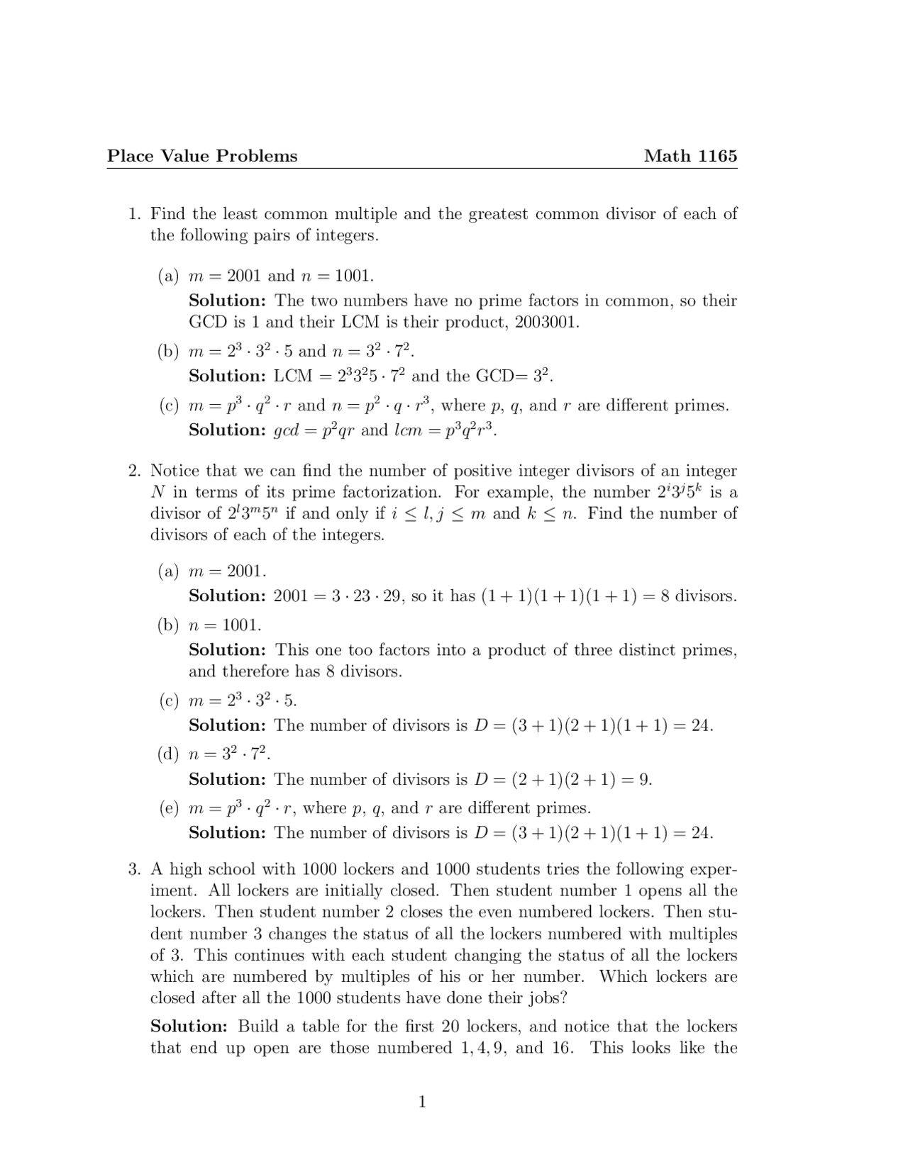 Introduction to Discrete Structures - Place Value Problems Solutions | MATH 1165 - Docsity