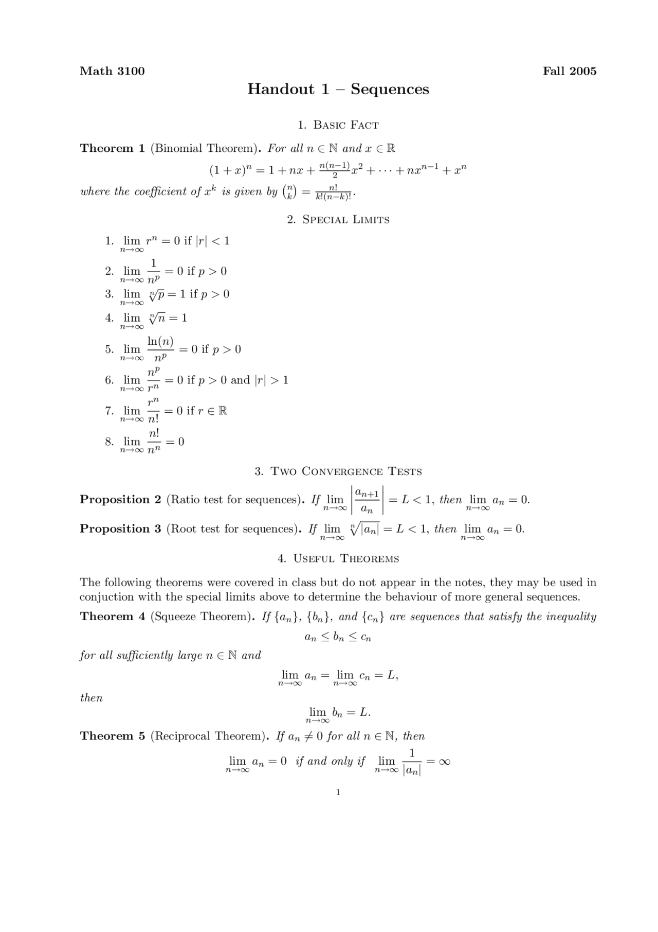 Lecture Handout On Sequences And Series Fall 2005 Math 3100 Docsity