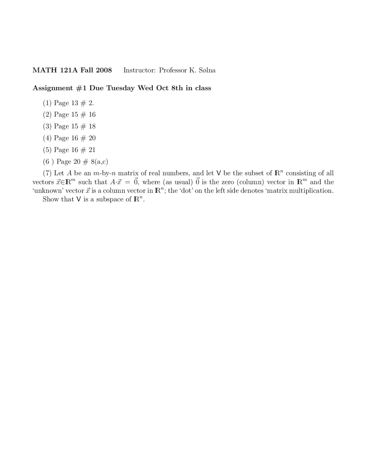 7 Practice Problems On Linear Algebra Assignment 1 Math 121a Docsity