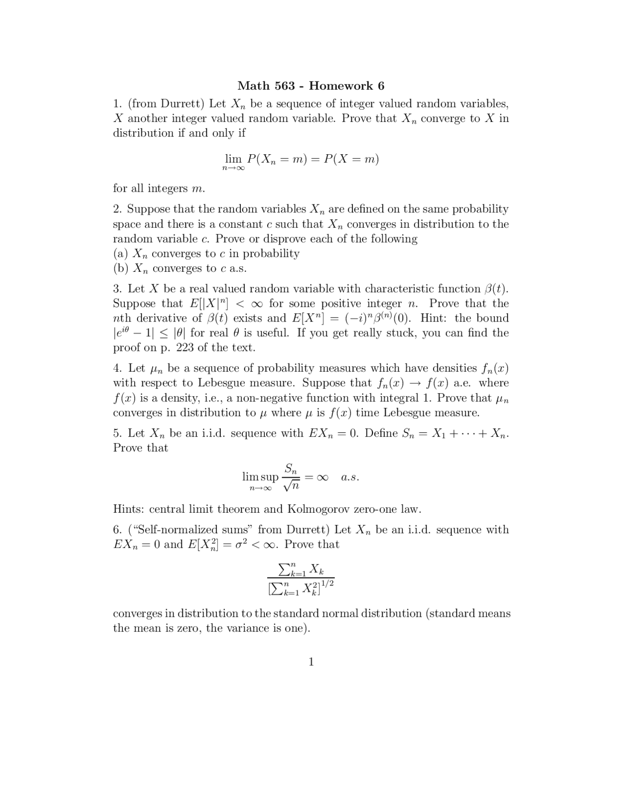 Homework 6 Practice Questions - Probability Theory | MATH 563 - Docsity